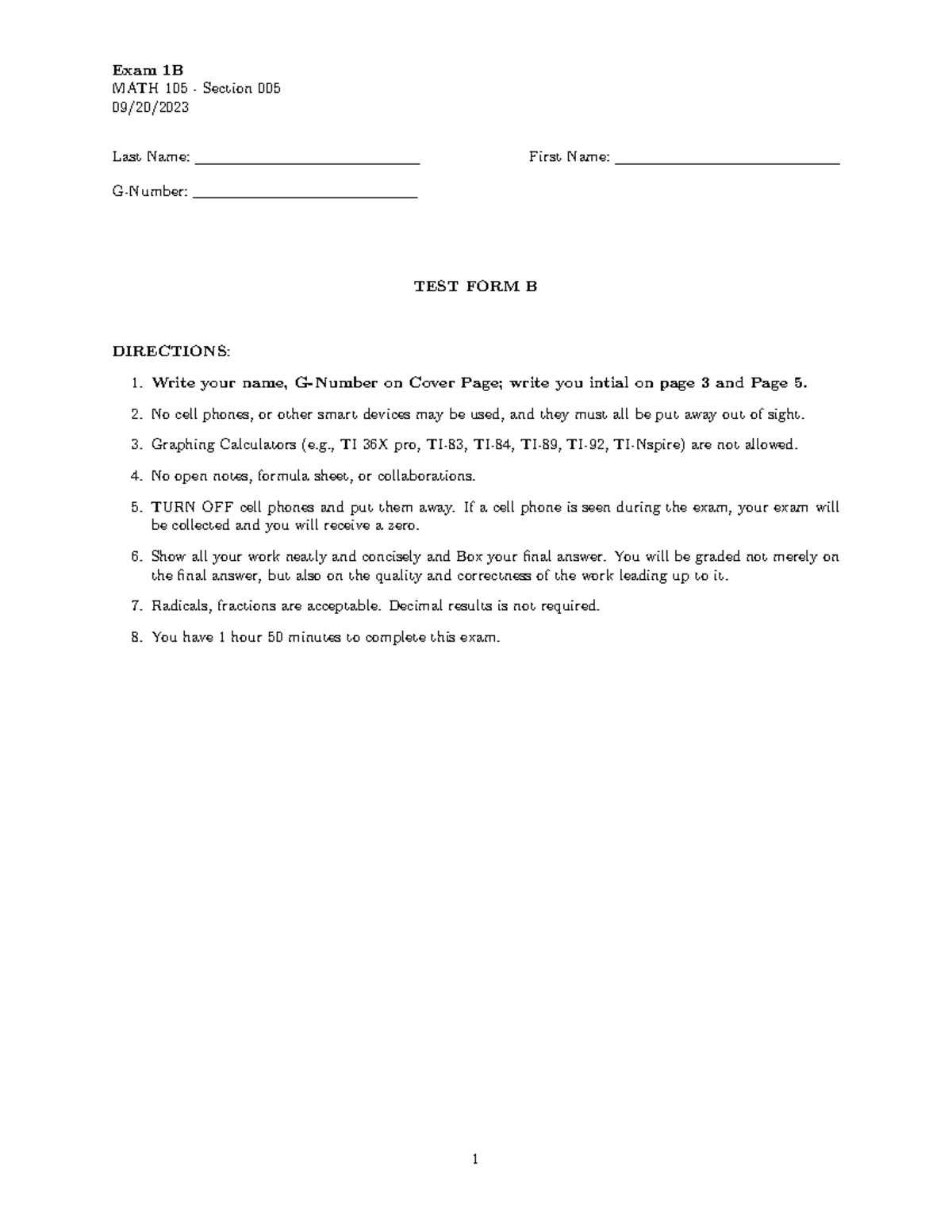 Test1-005B - math sample test - Exam 1B MATH 105 - Section 005 09/20 ...