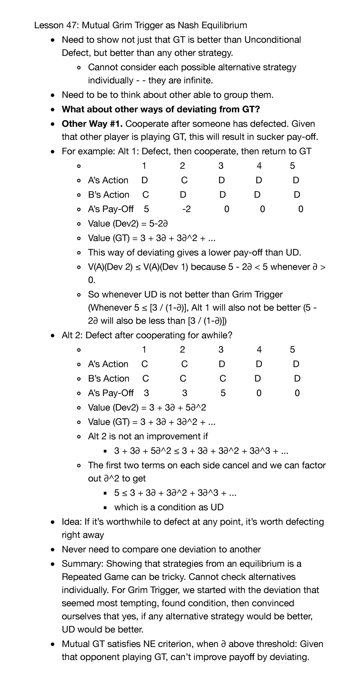 Unit 13- Lesson 47- Mutual Grim Trigger as Nash Equilibrium - Lesson 47 ...