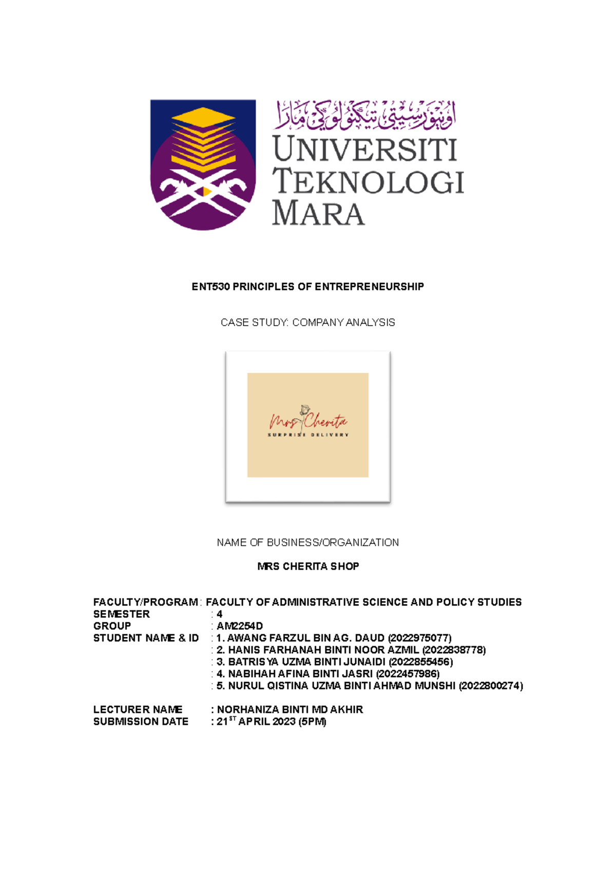 Case Study Progress ENT530 ( Latestt) - ENT530 PRINCIPLES OF ...