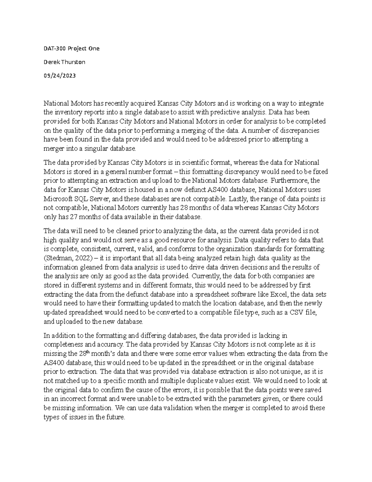 DAT300 project 1 - DAT-300 Project One Derek Thurston 09/24/ National ...