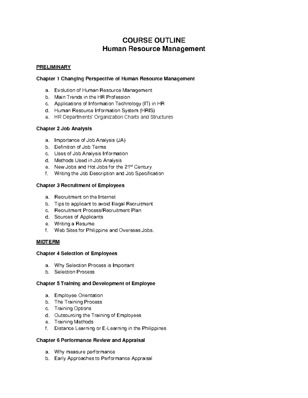 HRM-Course-outline for human resource - Hotel and Management - Studocu