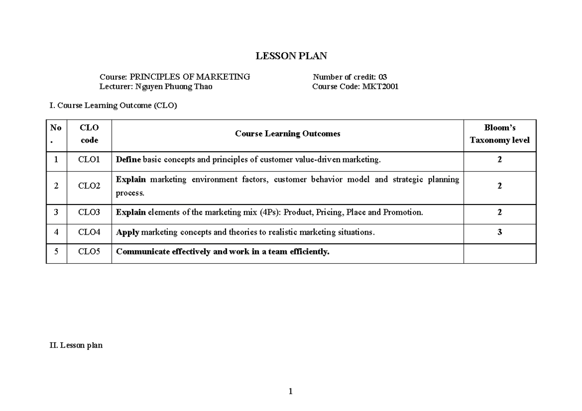 [ Updated 2022] [ Lesson PLAN] Principles OF Marketing - LESSON PLAN ...