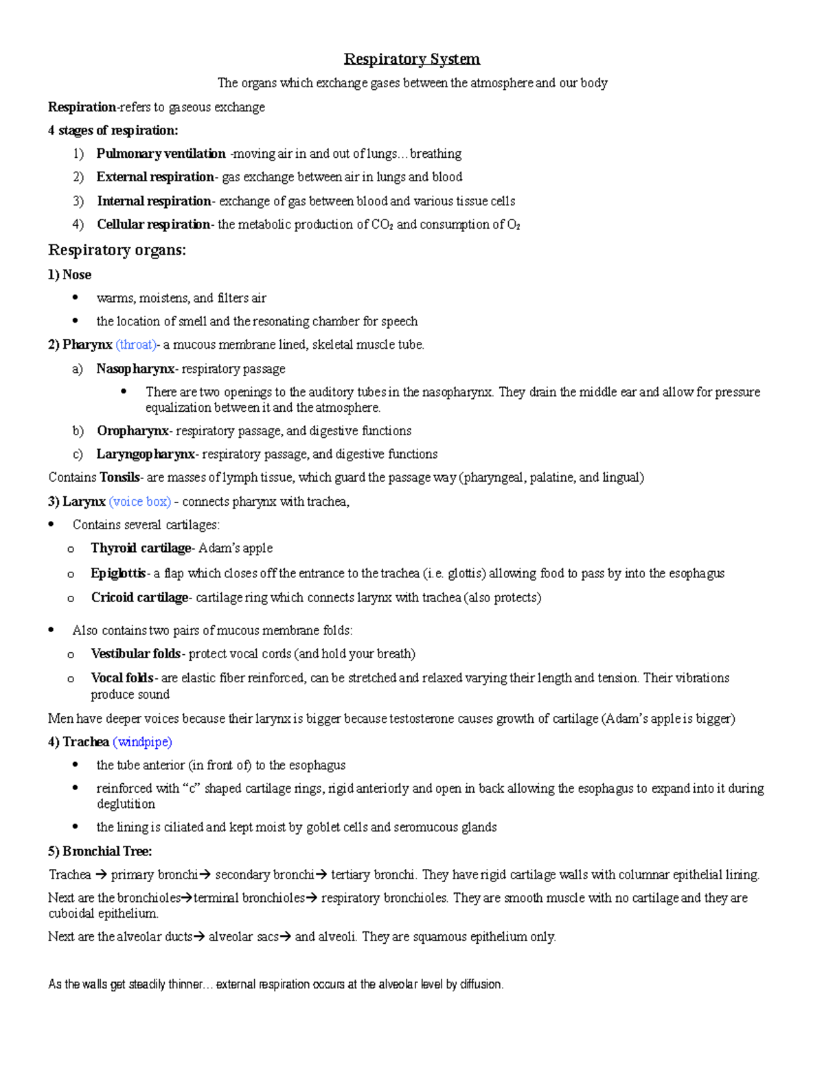 Respiratory organs - lecture notes - Respiratory System The organs ...