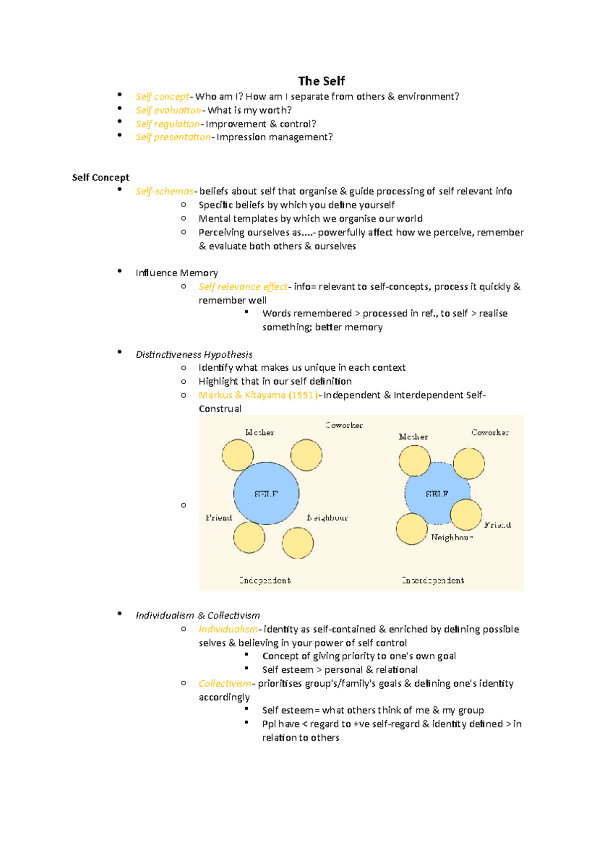 The Self - Lecture notes 4 - The Self Self concept - Who am I? How am I ...