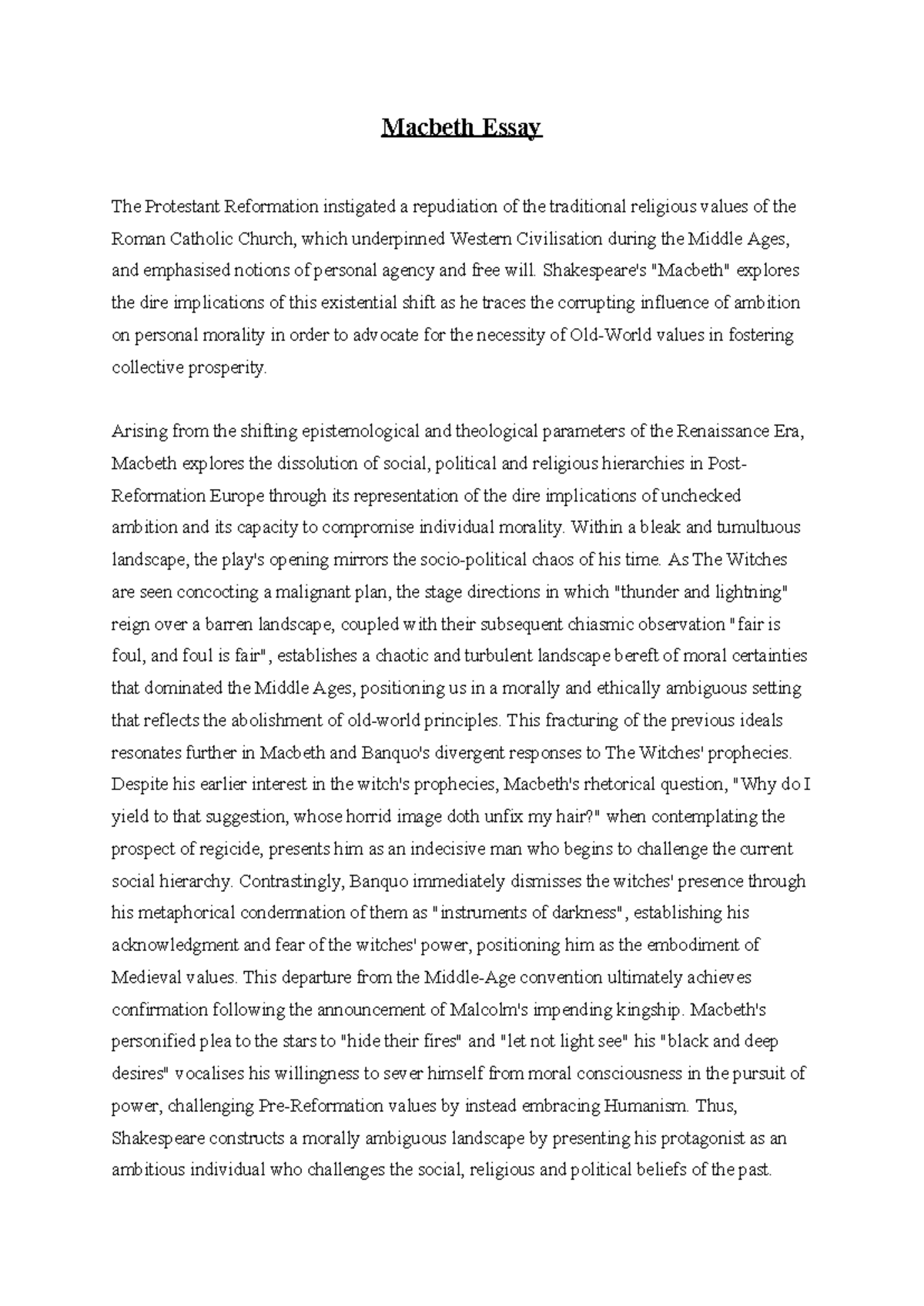 Macbeth Essay - Macbeth Essay The Protestant Reformation instigated a ...