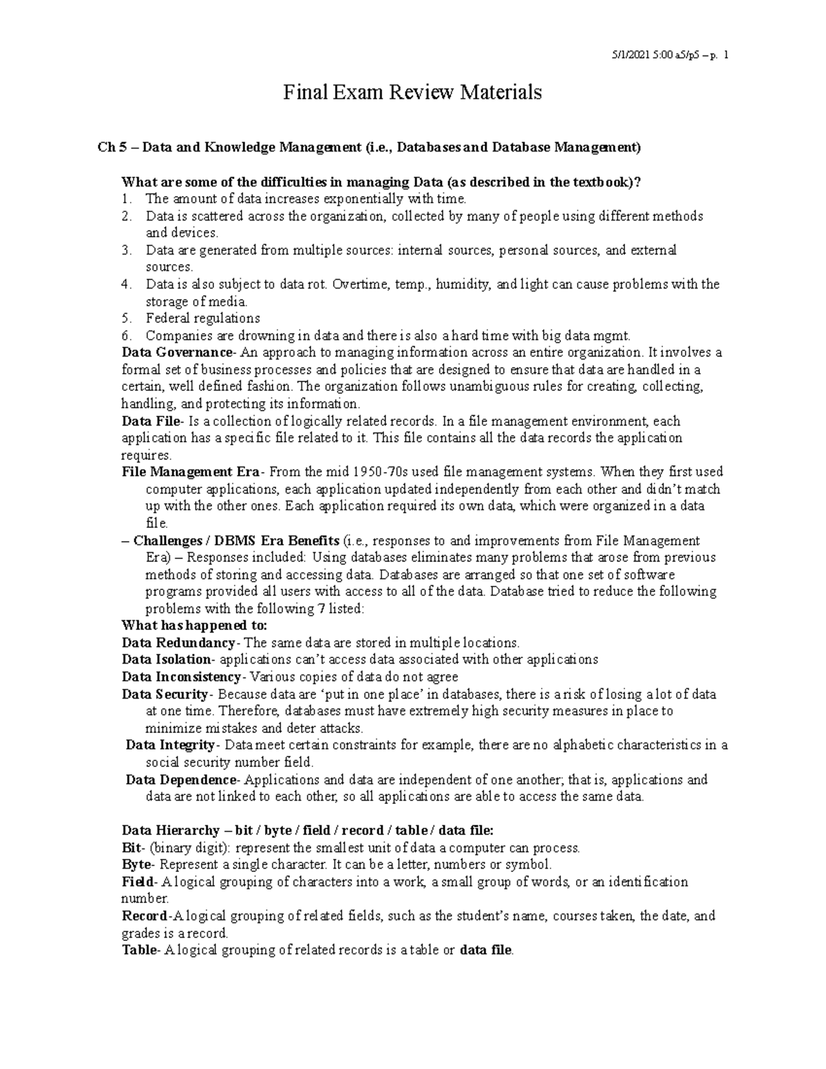 Final - Exam Review Materials - Spring 2017 - Final Exam Review ...