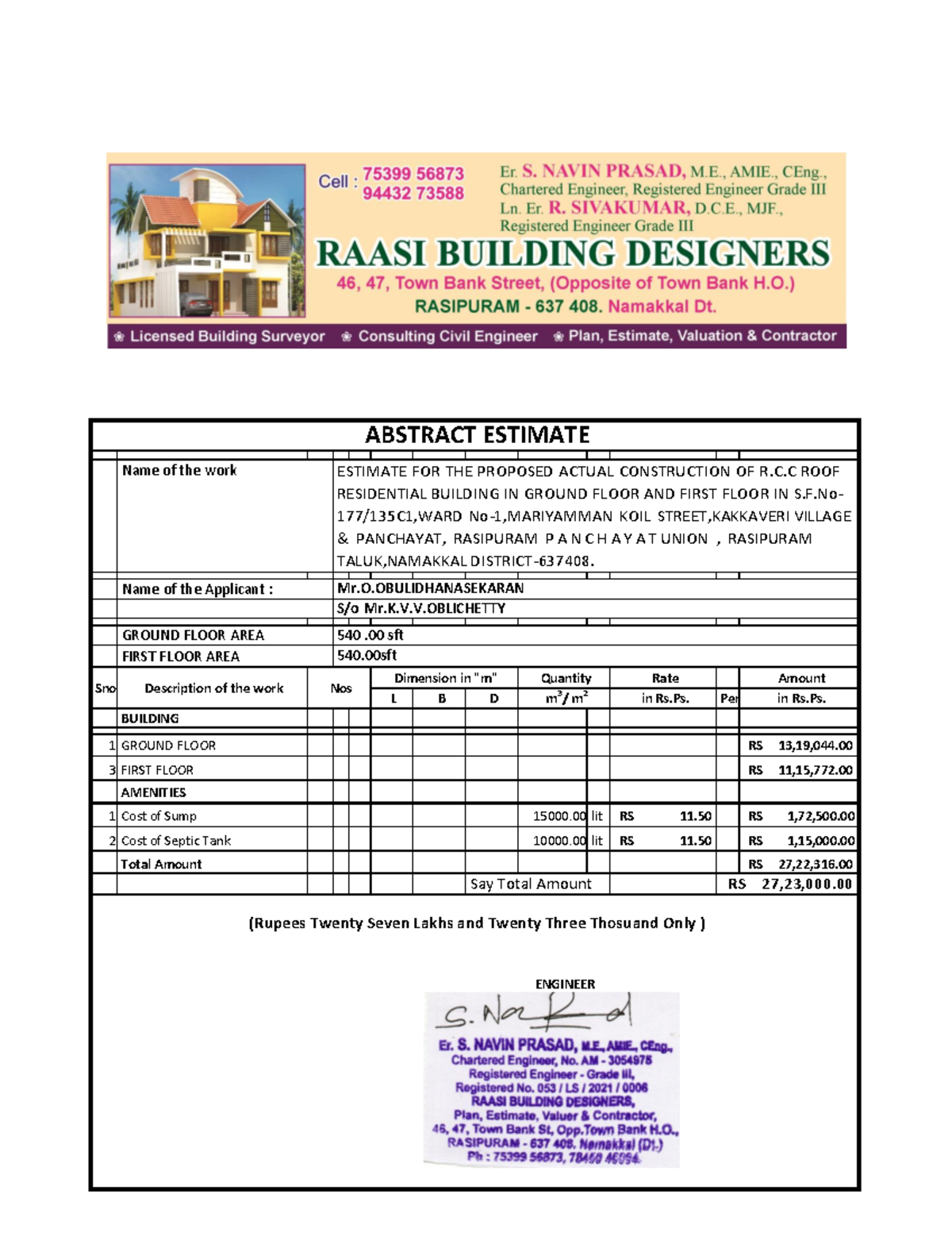 EST- Ragunathan - ABSTRACT ESTIMATE Name of the work ESTIMATE FOR THE ...