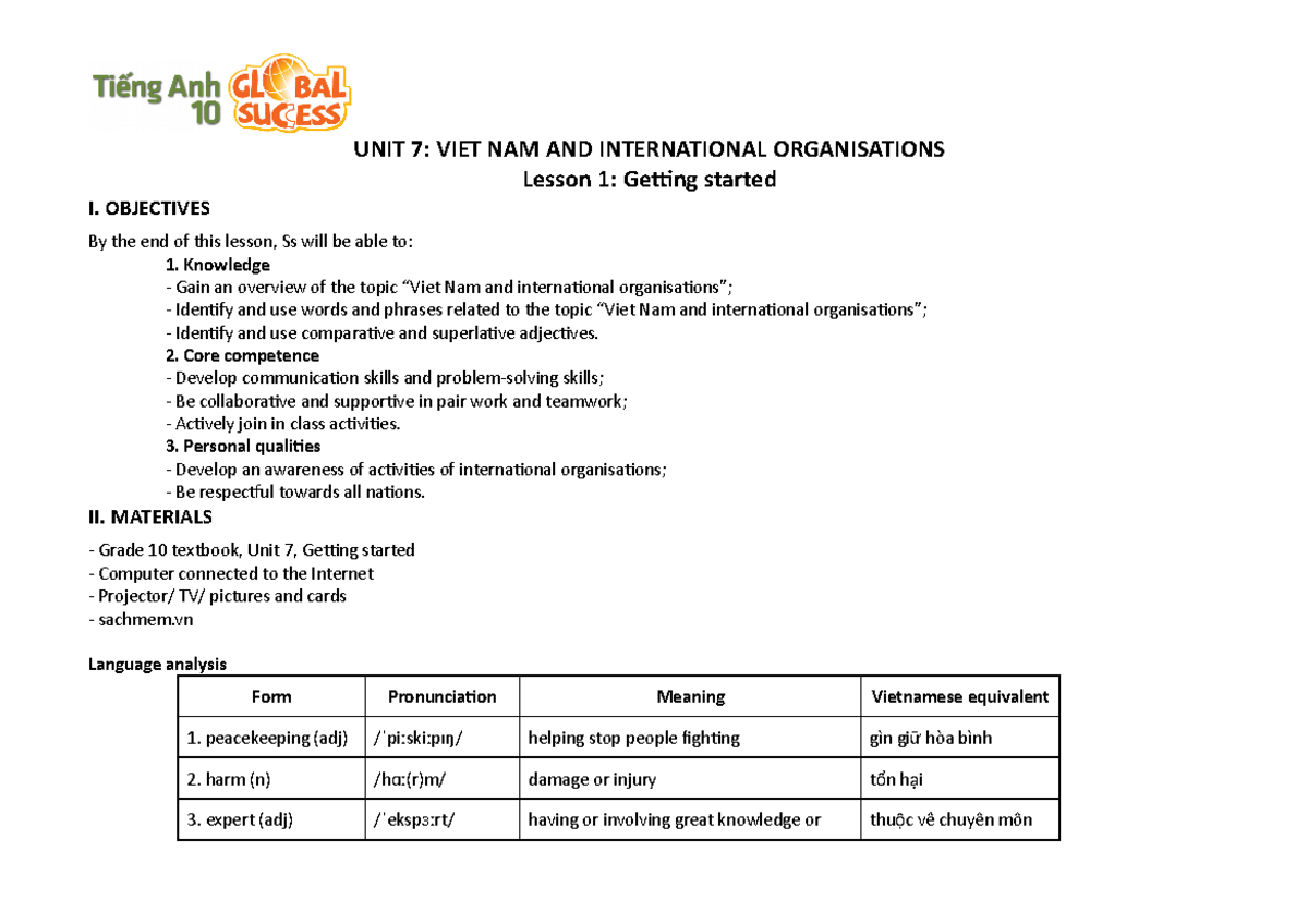 TA10-Unit 7 - adasdasdasdsad - UNIT 7: VIET NAM AND INTERNATIONAL ORGANISATIONS Lesson 1 ...