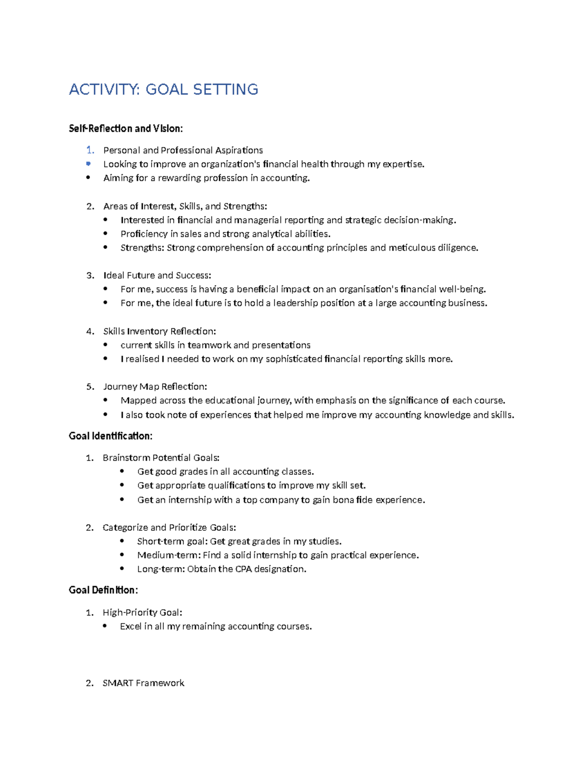 Activity goal setting - ACTIVITY: GOAL SETTING Self-Reflection and ...