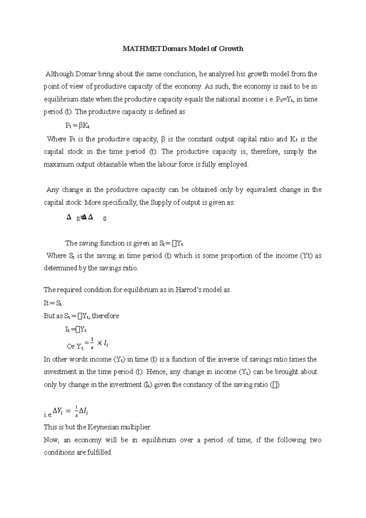 Domars Model of Growth - Lecture notes 4 - MATHMETDomars Model of ...