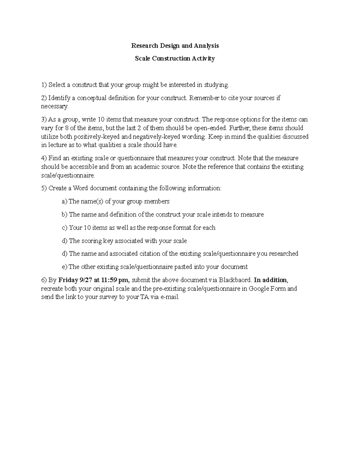 Research Design and Analysis Scale Construction Activity - Identify a ...