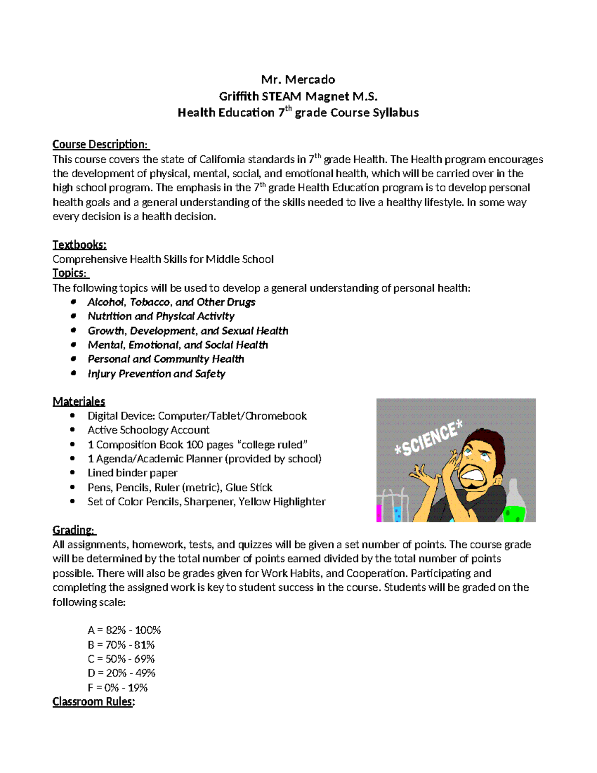 Health Syllabus 1 - Mr. Mercado Griffith STEAM Magnet M. Health ...