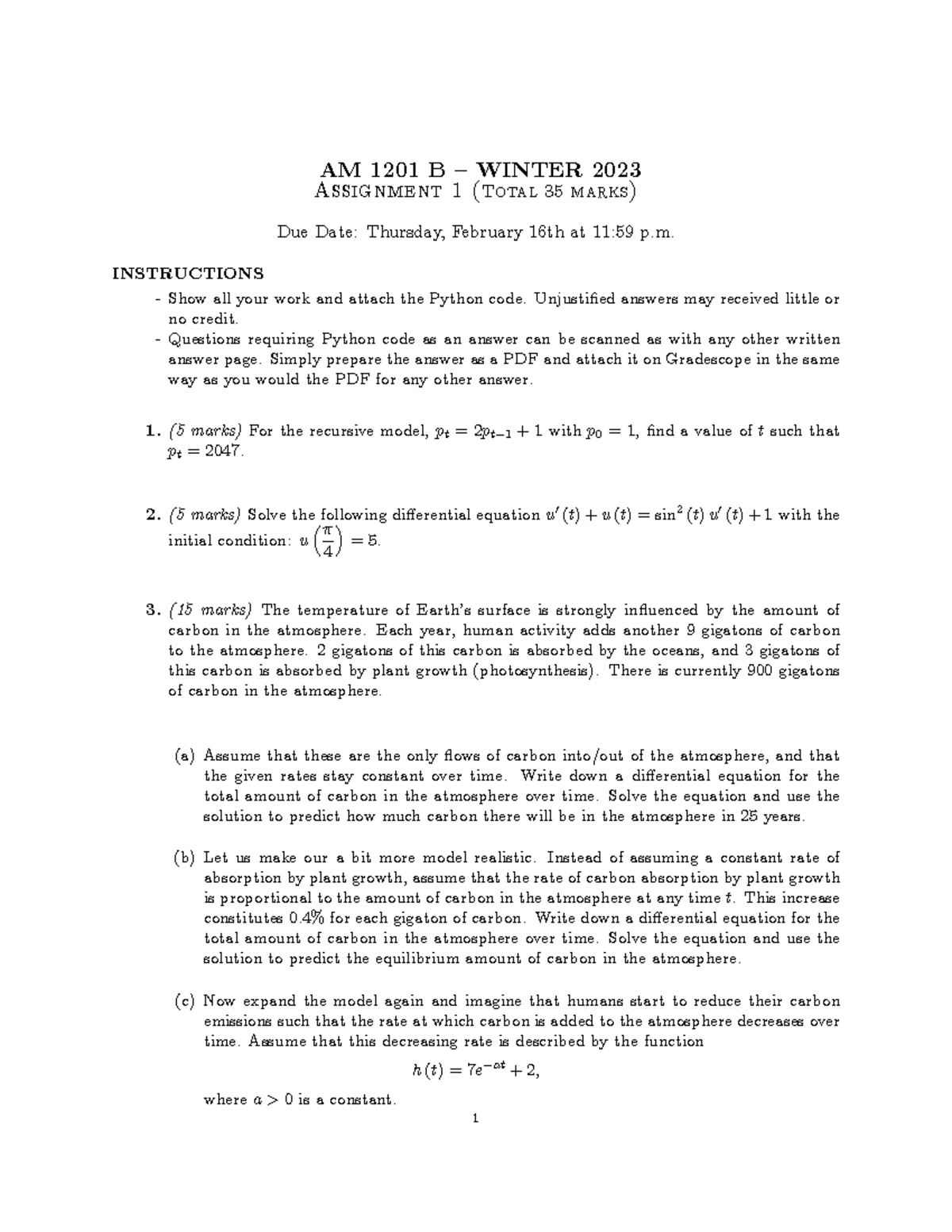 Assignment 1 - AM 1201 B ñ WINTER 2023 Assignment 1 (Total 35 marks) Due Date: Thursday ...
