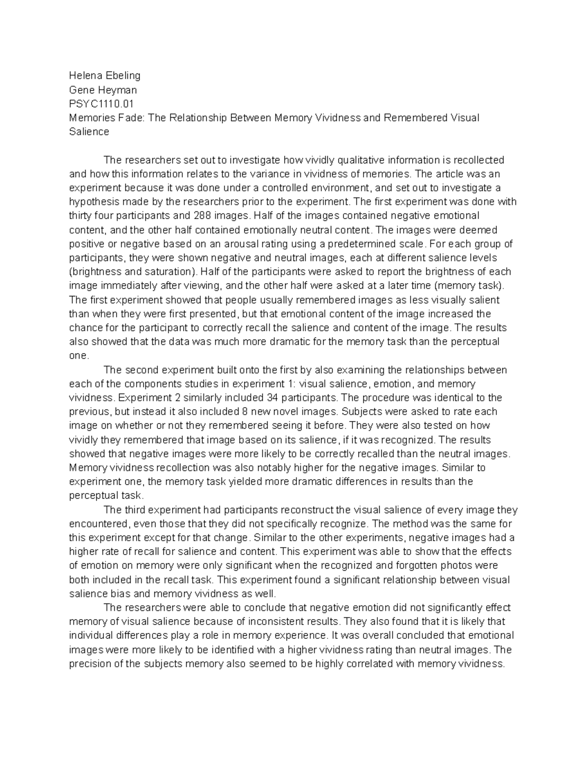 Article Critique Psych - Helena Ebeling Gene Heyman PSYC1110. Memories ...