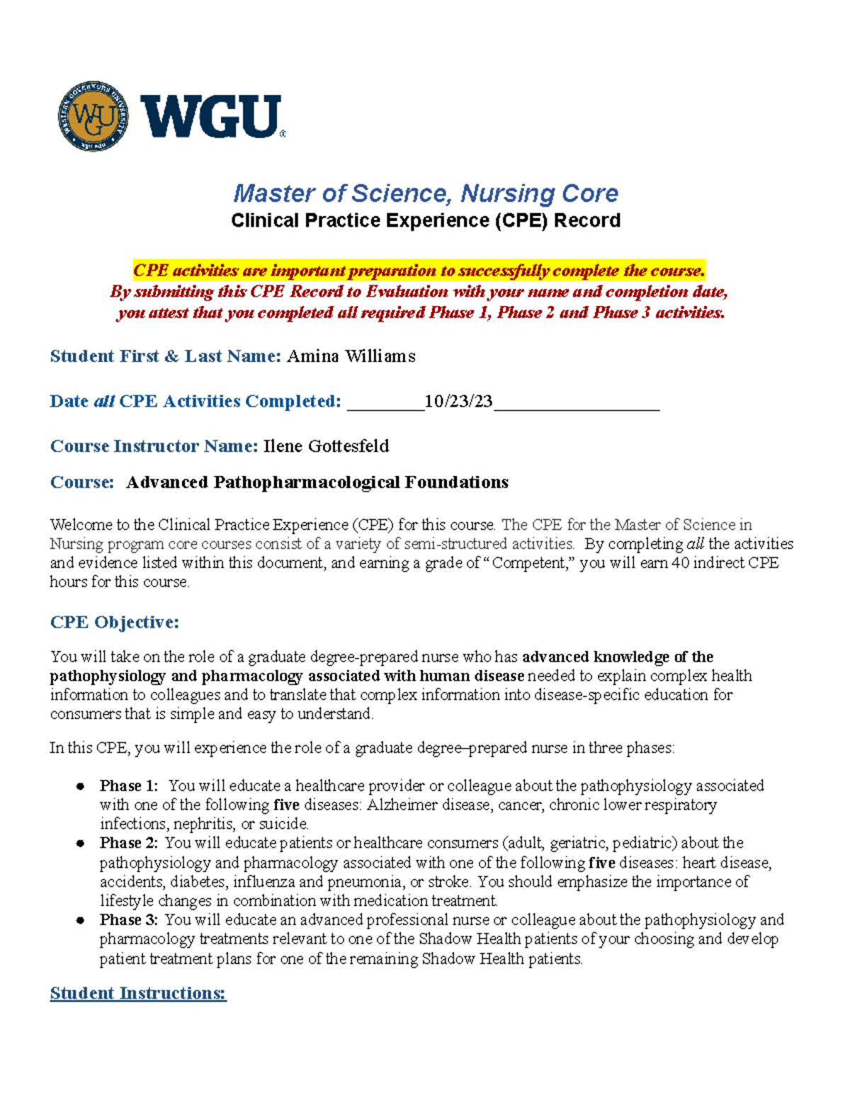 CPE Record Patho - Master of Science, Nursing Core Clinical Practice ...