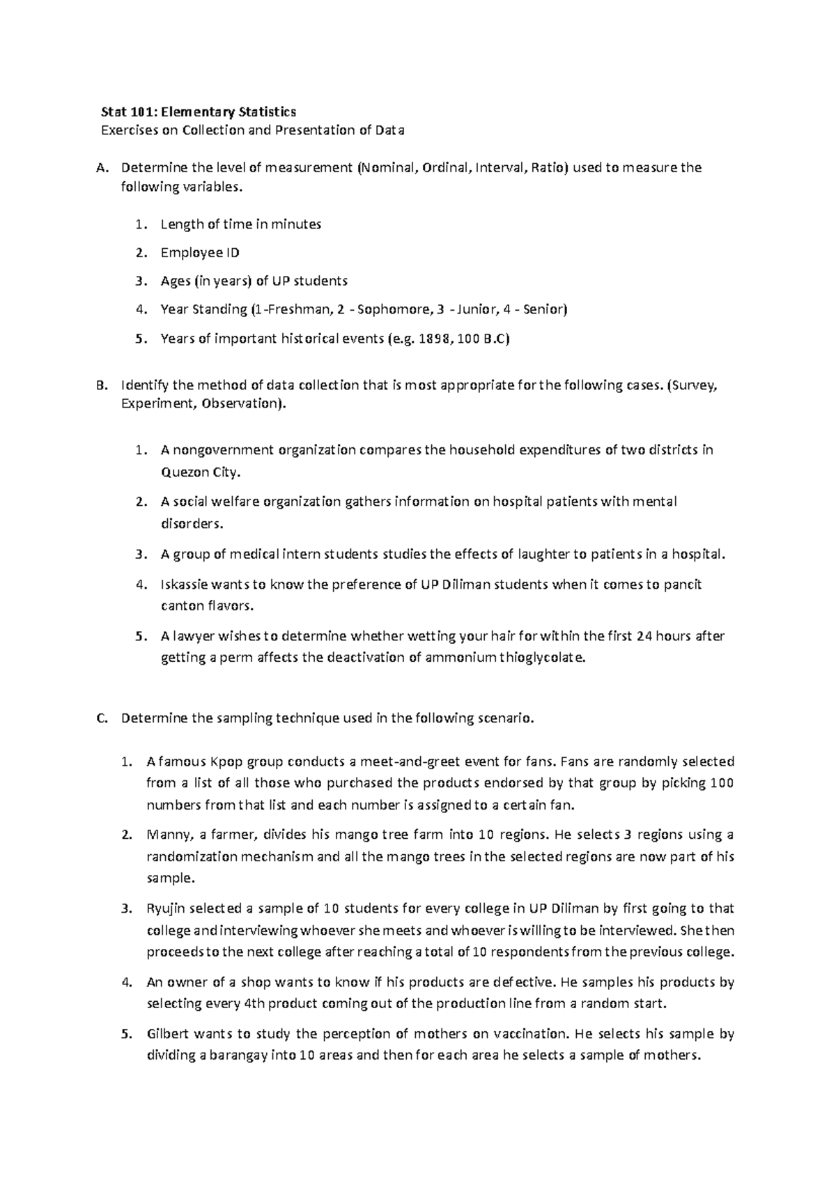 Chapter 2 Exercises - Lecture notes 1-12 - Stat 101: Elementary ...