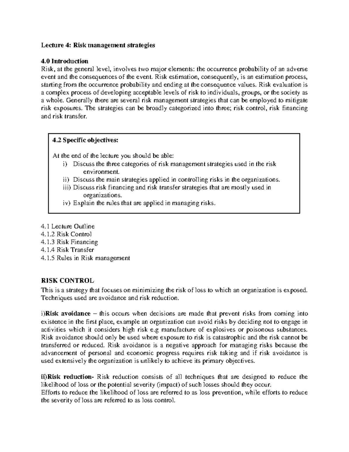 Lecture 4 Risk management strategies - Lecture 4: Risk management ...