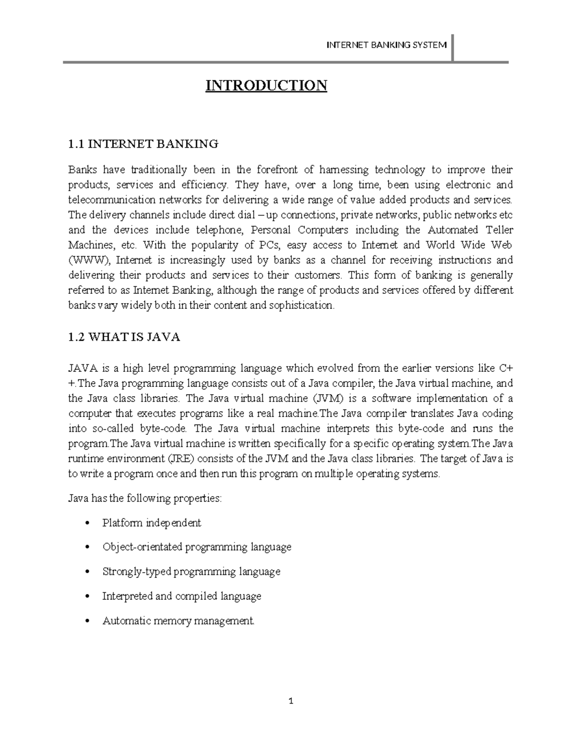 Internet Banking Java Project report - INTRODUCTION 1 INTERNET BANKING ...