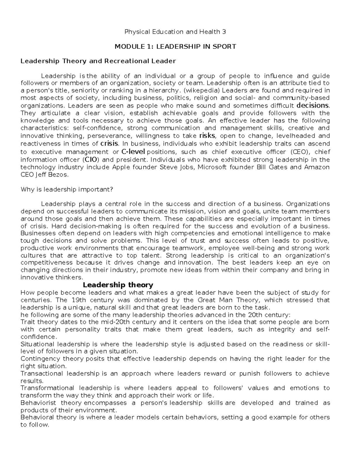 Leadership Theory and Recreational Leader - Physical Education and ...