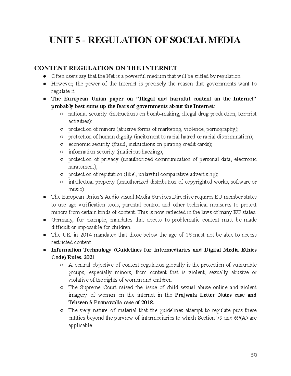 Media Law Unit 5 - UNIT 5 - REGULATION OF SOCIAL MEDIA CONTENT ...