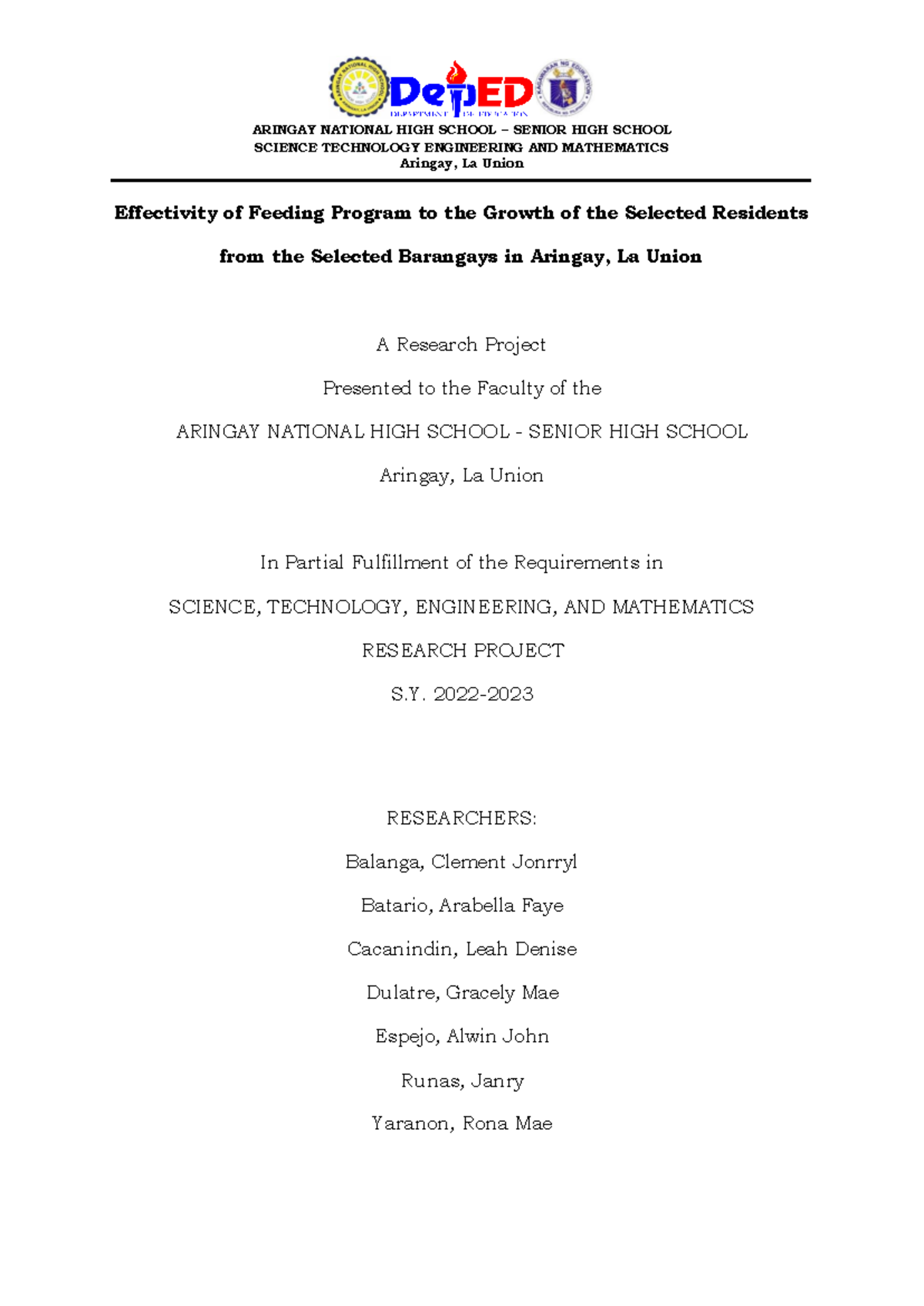 Feeding Program Research Project Final 04132023 - Aringay, La Union ...