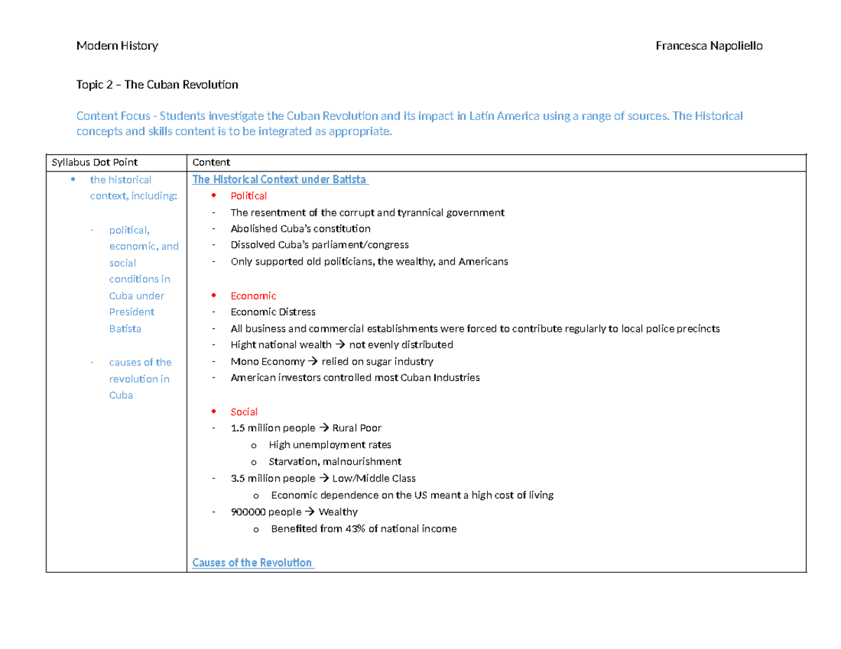 Cuban Revolution Notes - Topic 2 – The Cuban Revolution Content Focus ...
