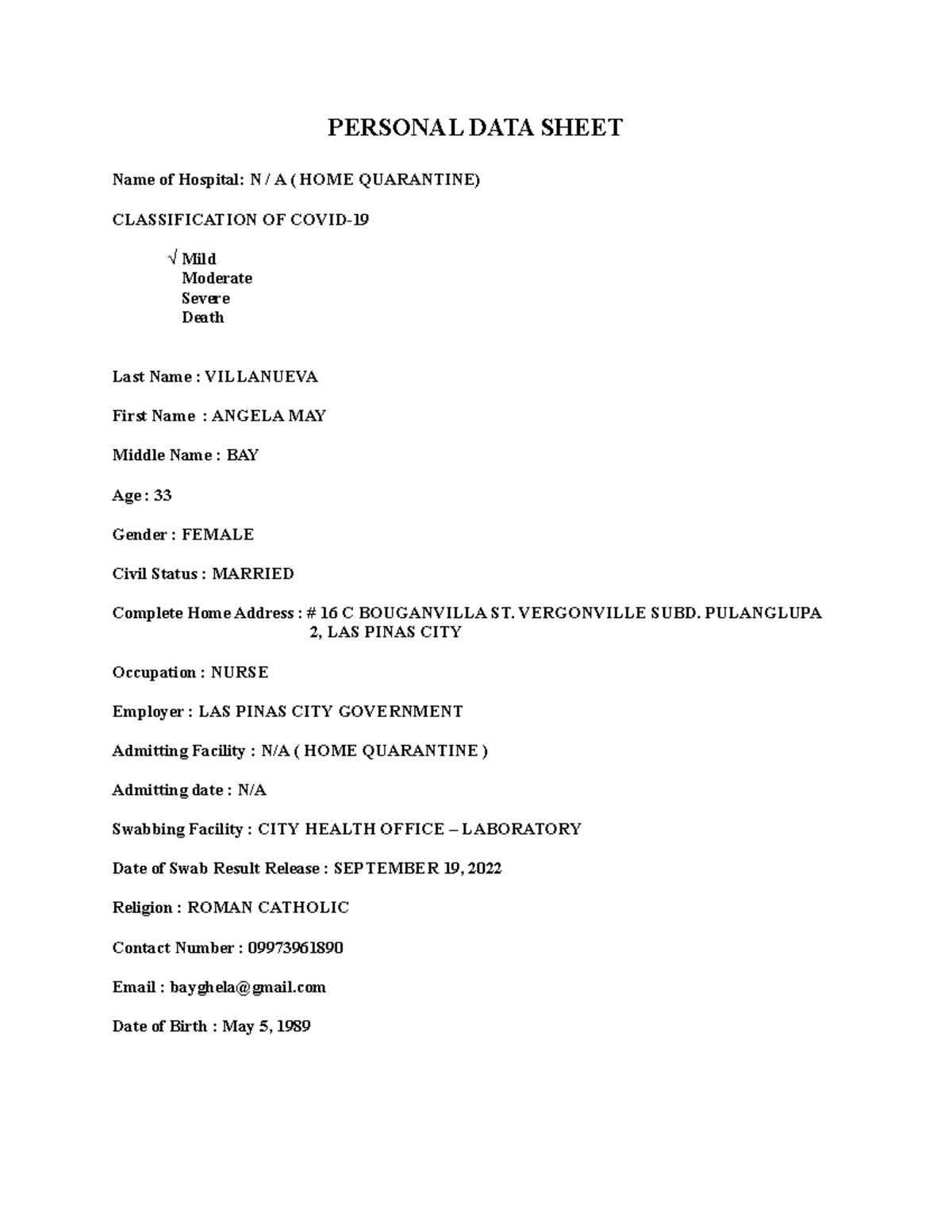 Personal DATA Sheet - ghela - PERSONAL DATA SHEET Name of Hospital: N ...