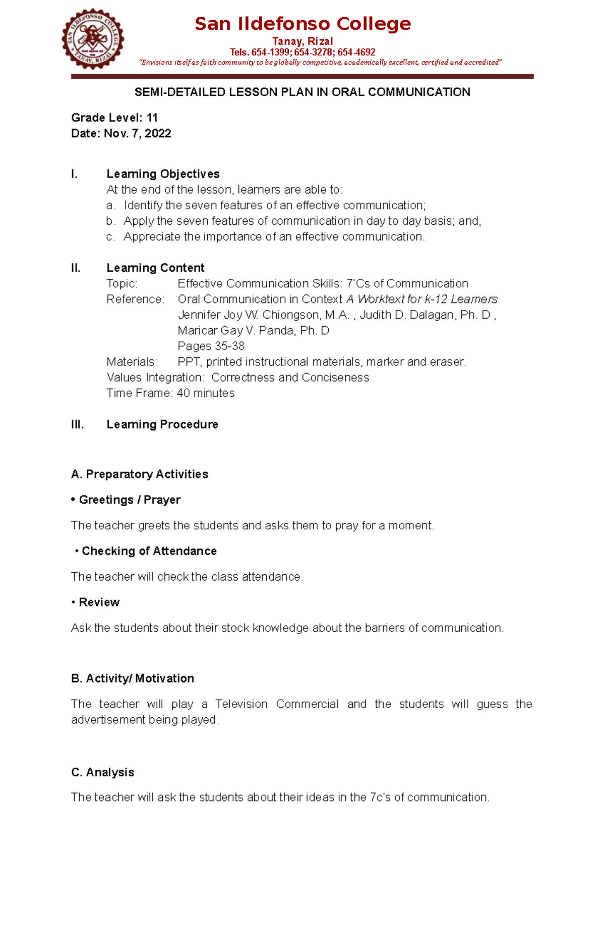 4- 7C'S OF Communication - San Ildefonso College Tanay, Rizal Tels. 654 ...