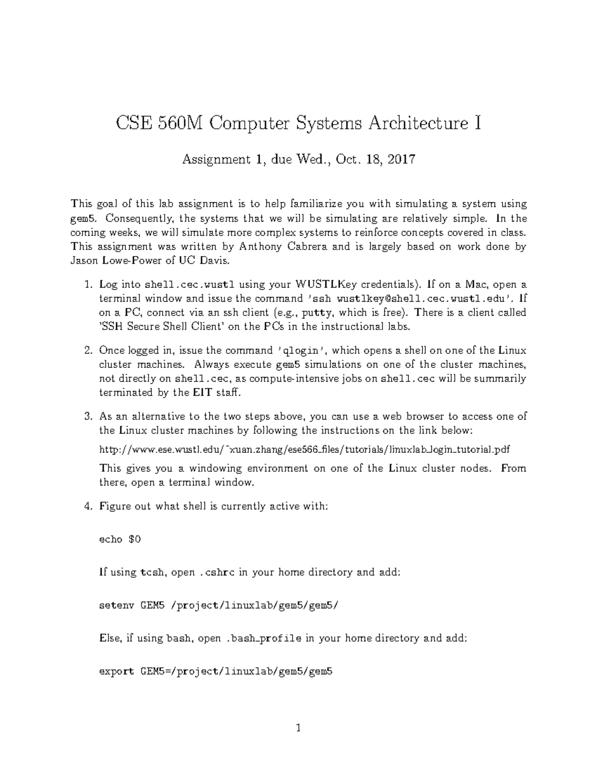 CSE560 2017-2018 Assignment 1 - CSE 560M Computer Systems Architecture I Assignment 1, due Wed ...
