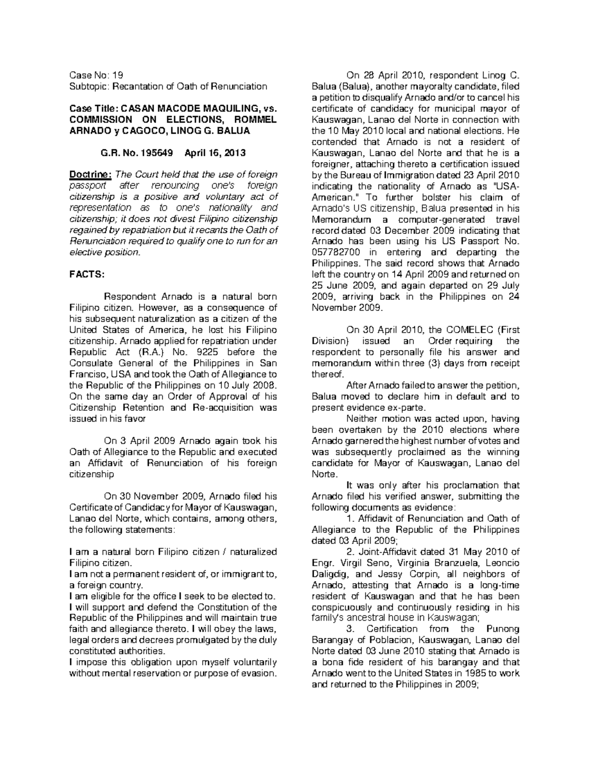 Casan Macode Maquiling, vs. Commission ON Election - Case No: 19 ...