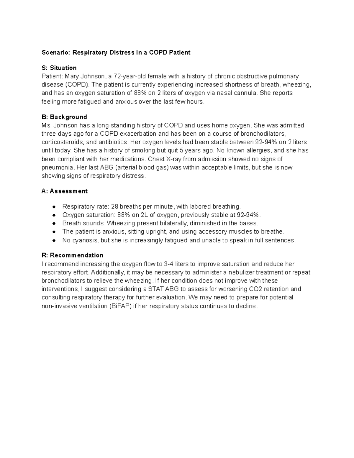 Report - SBAR - Scenario: Respiratory Distress in a COPD Patient S ...