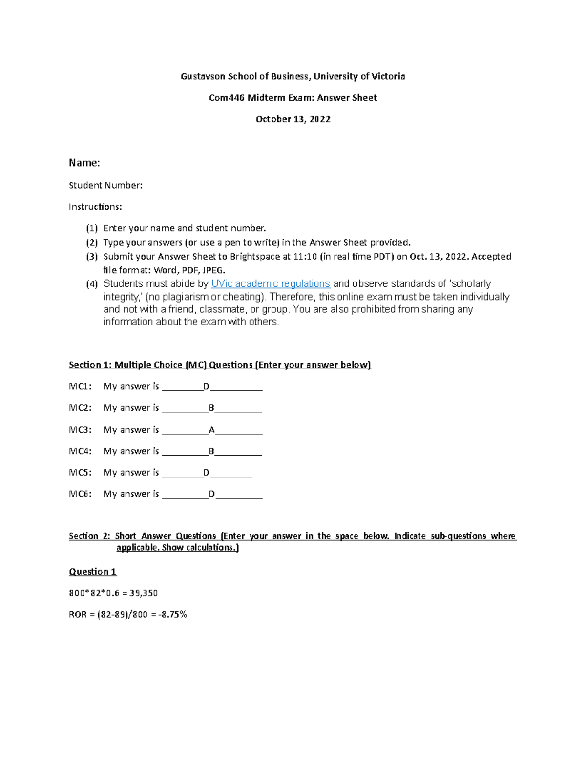 Com446 Midterm Exam Answer Sheet - Gustavson School of Business ...