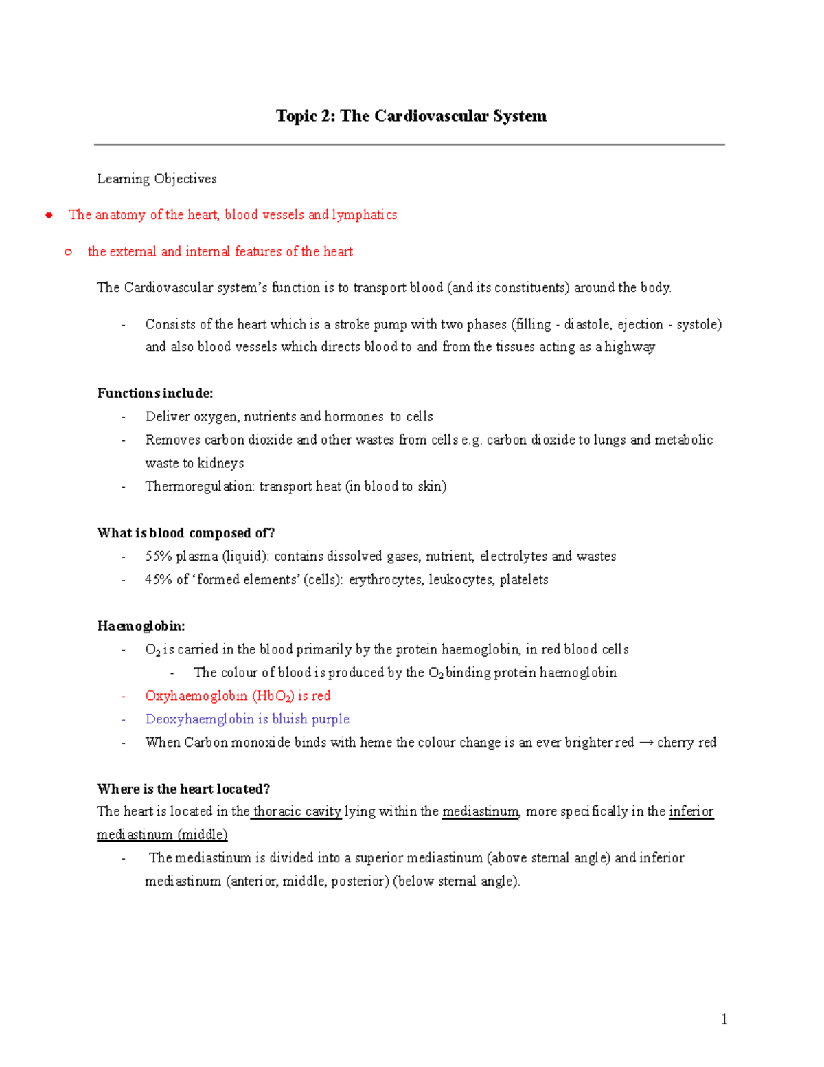 BIOS1170 - CVS Notes - Topic 2: The Cardiovascular System Learning ...