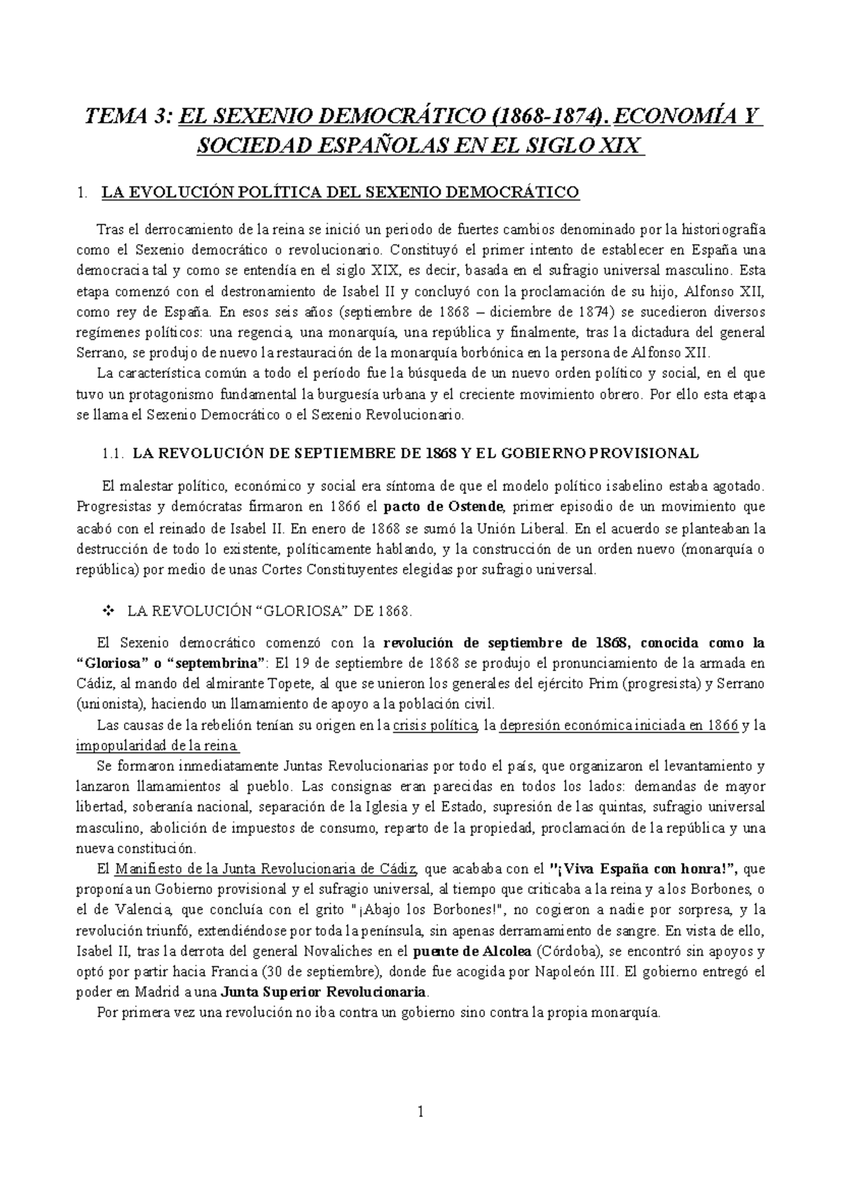 Tema 3. EL SEXENIO DEMOCRÁTICO (1868-1874). ECONOMÍA Y SOCIEDAD ESPAÑOLAS EN EL SIGLO XIX - Studocu