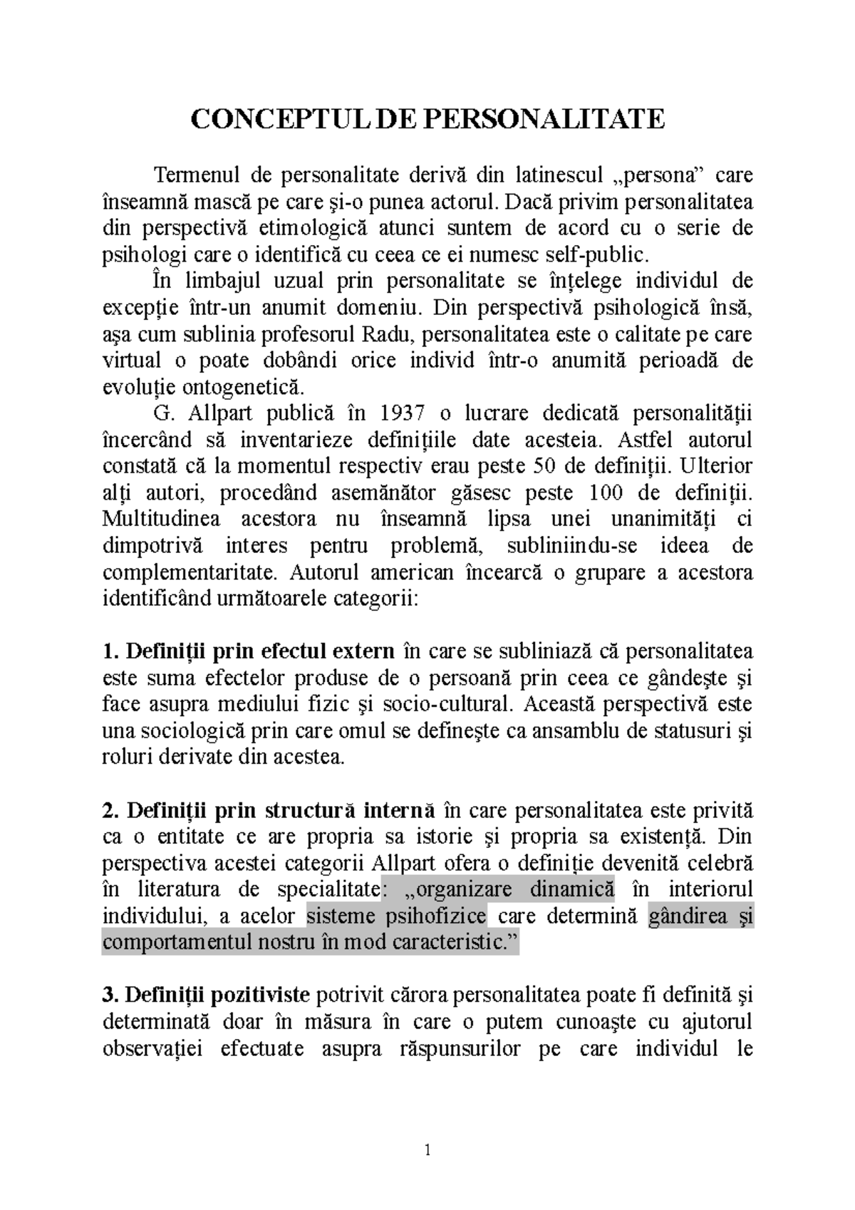 1. Conceptul DE Personalitate - CONCEPTUL DE PERSONALITATE Termenul de ...