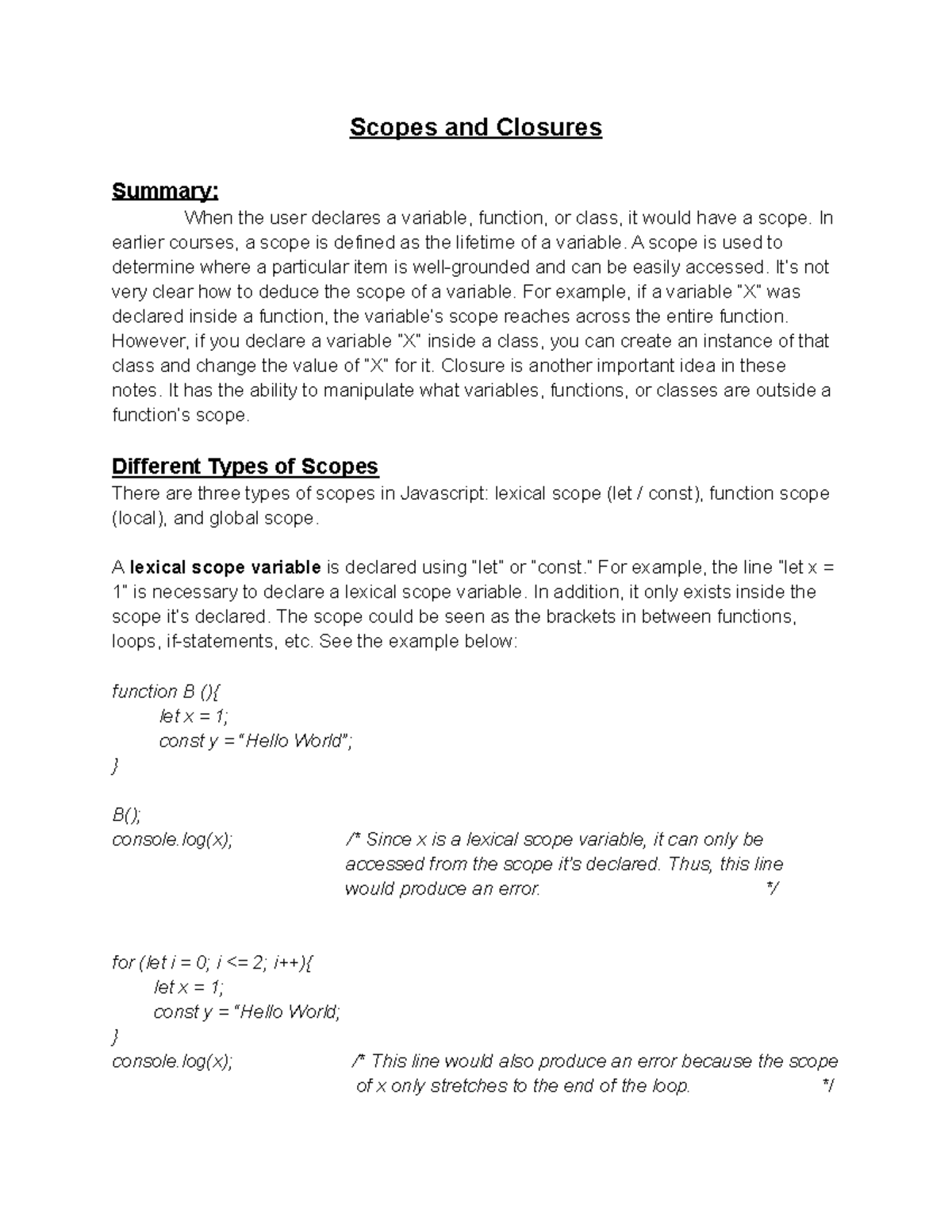 Scopes and Closures (C3) Notes - Scopes and Closures Summary: When the ...