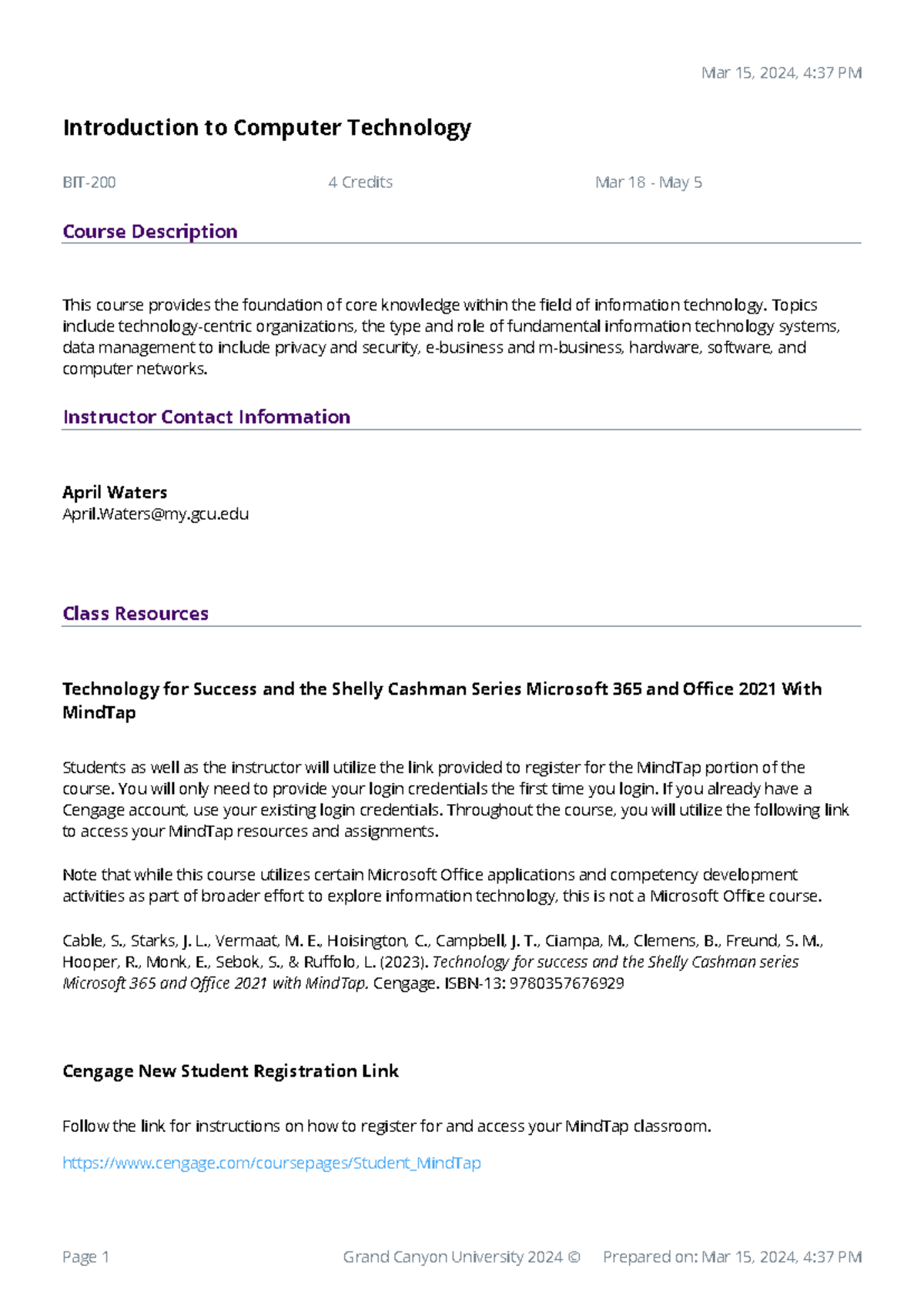 Syllabus for BIT-200: Introduction to Computer Technology (2024) - Mar 15, 2024, 4:37 PM - Studocu