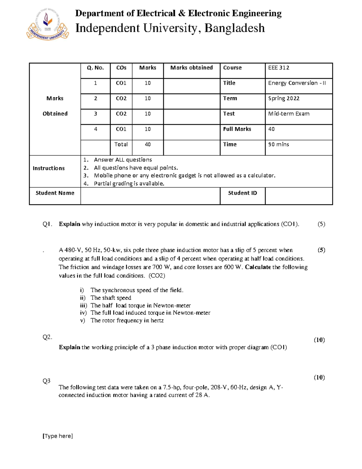 EEE-312-Mid-Spring-2022 - [Type here] Marks Obtained Q. No. COs Marks Marks obtained Course EEE ...