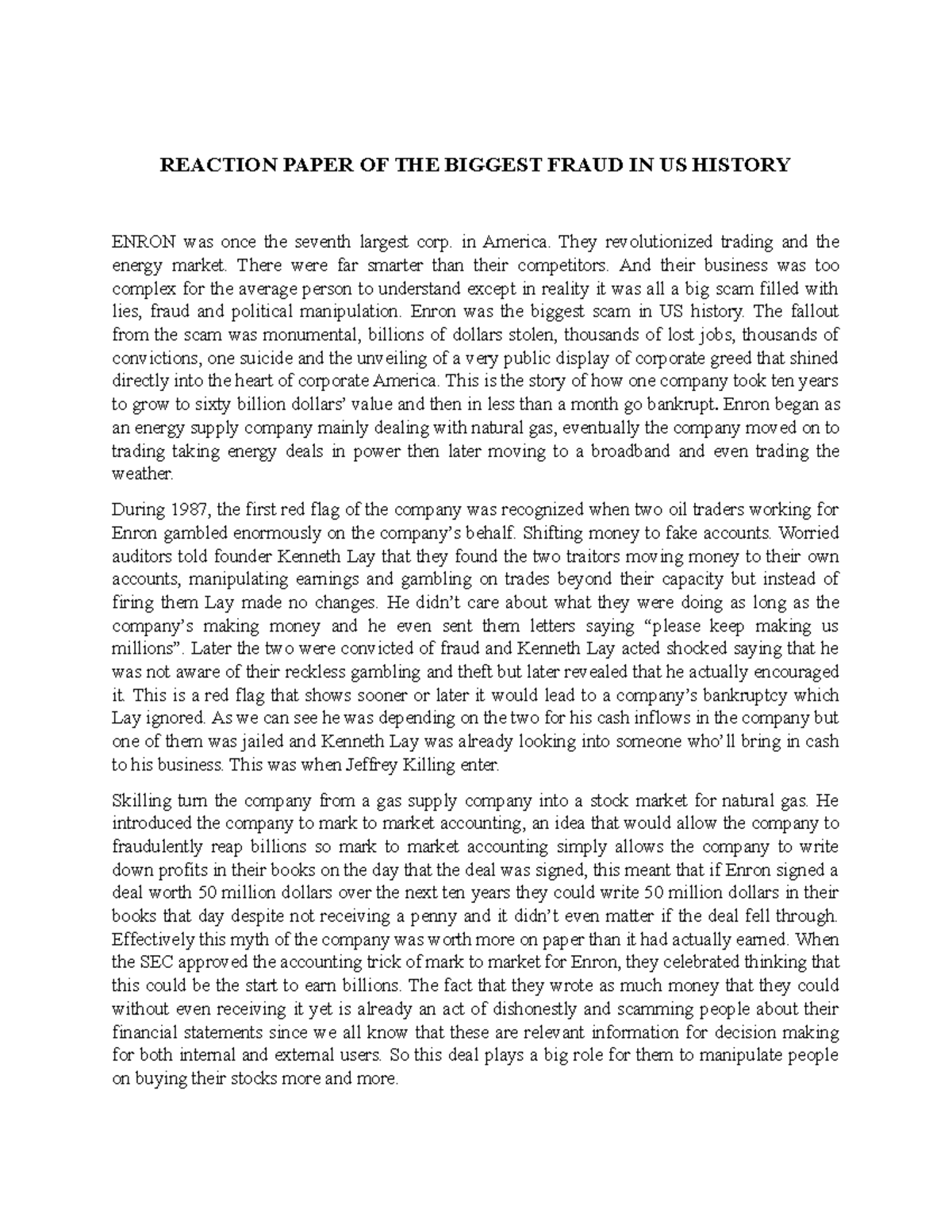Reaction Paper OF THE Biggest Fraud IN US History - REACTION PAPER OF ...