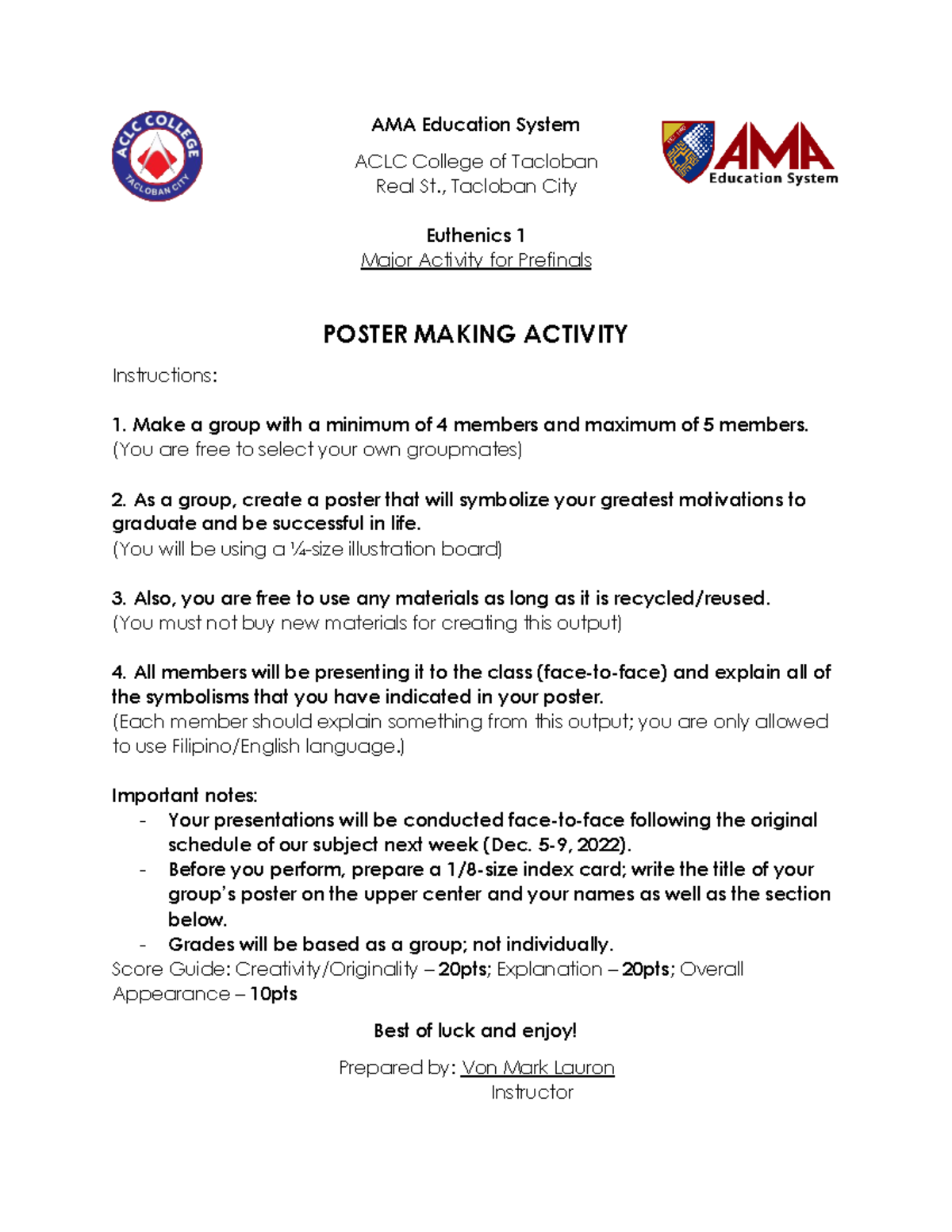 Prefinals for Euthenics 1 - AMA Education System ACLC College of ...