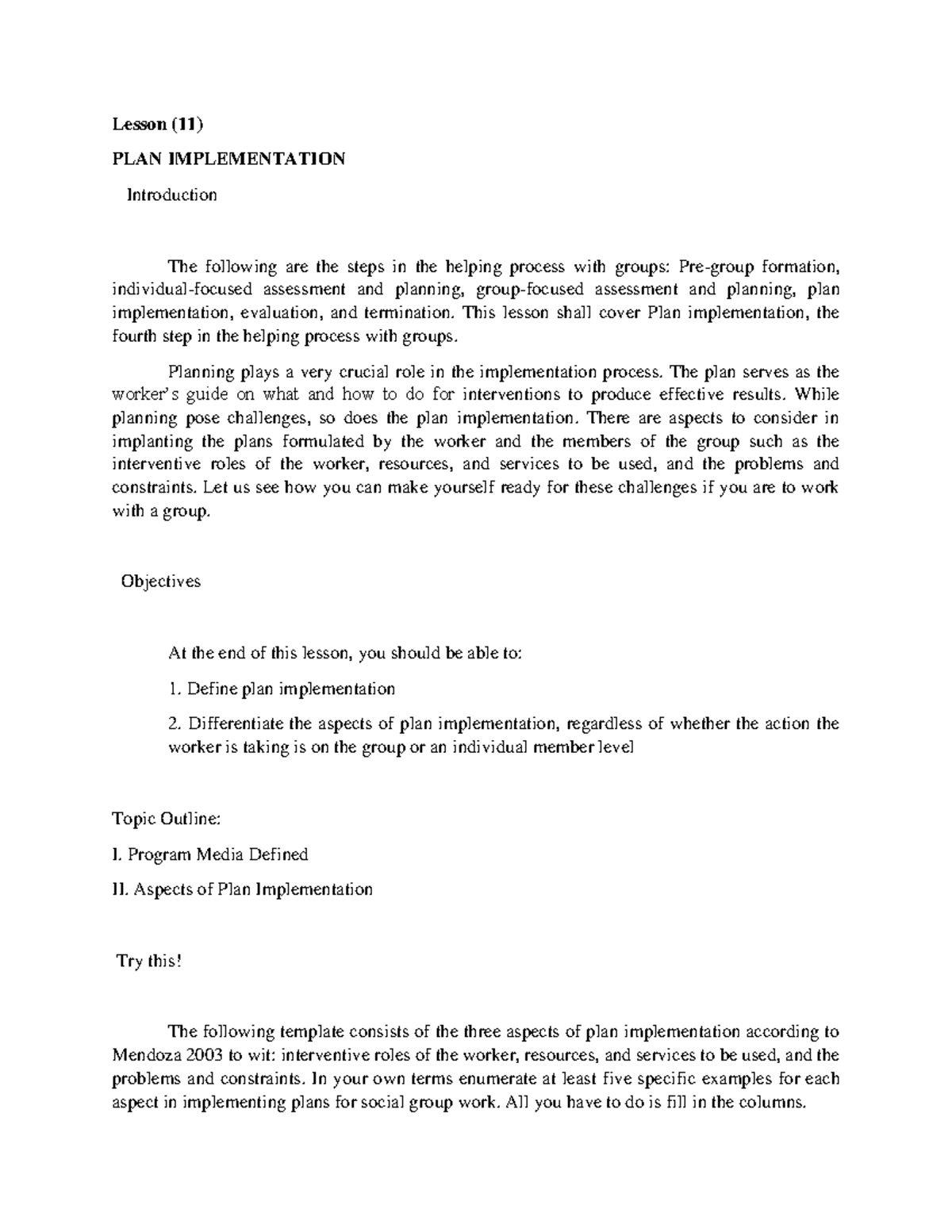 Plan implementation and evaluation - Lesson (11) PLAN IMPLEMENTATION ...