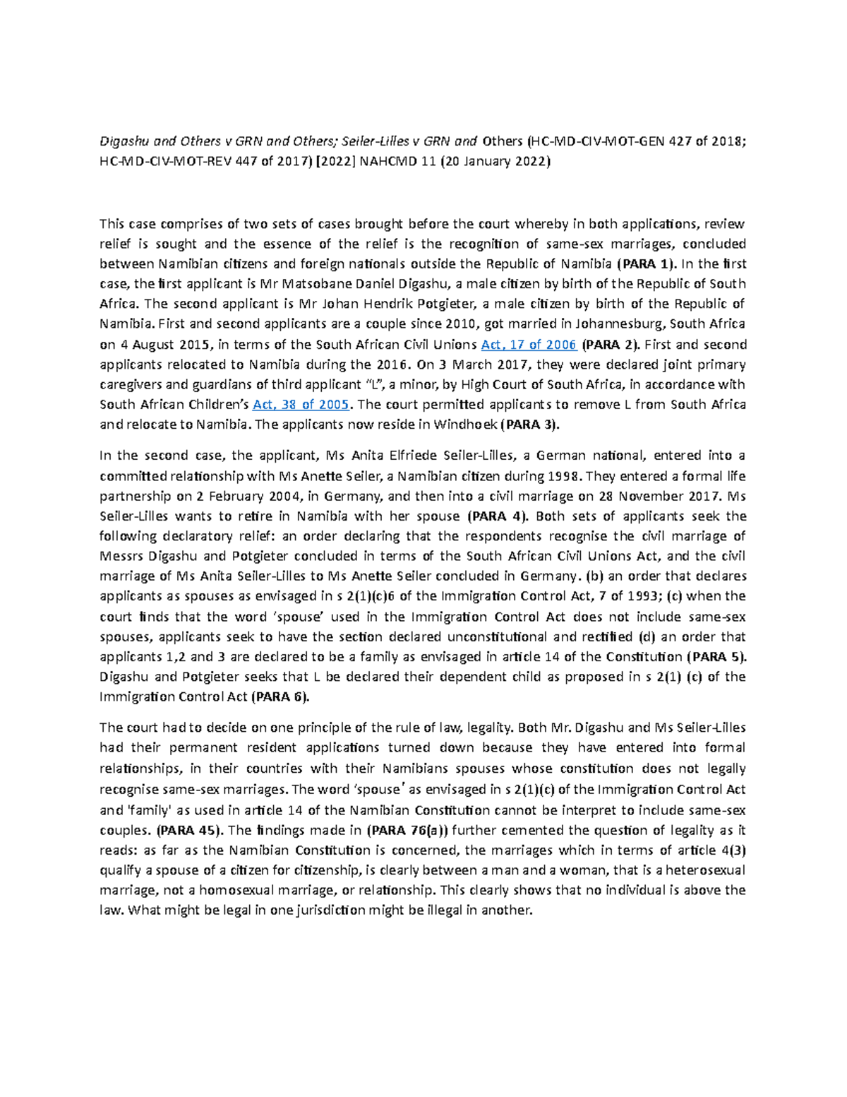 Digashu and Others v GRN and Others; Seiler-Lilles v GRN and Others (HC ...
