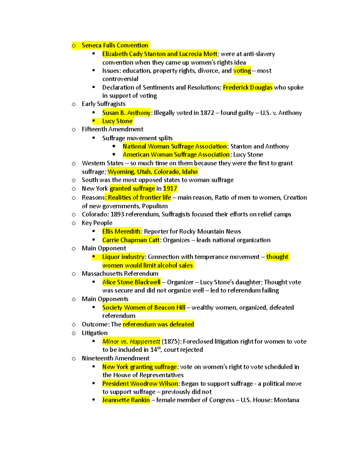 PLSC 210N Quiz 3 Review Notes - o Seneca Falls Convention Elizabeth ...
