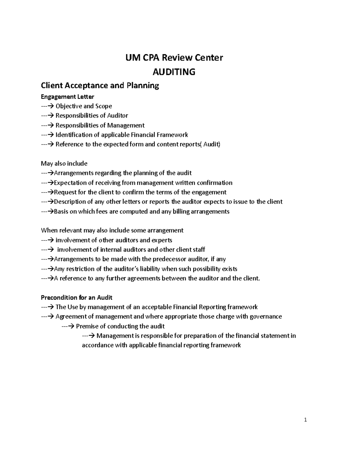 Audit Pre-engagement , Planing . Review notes - UM CPA Review Center ...