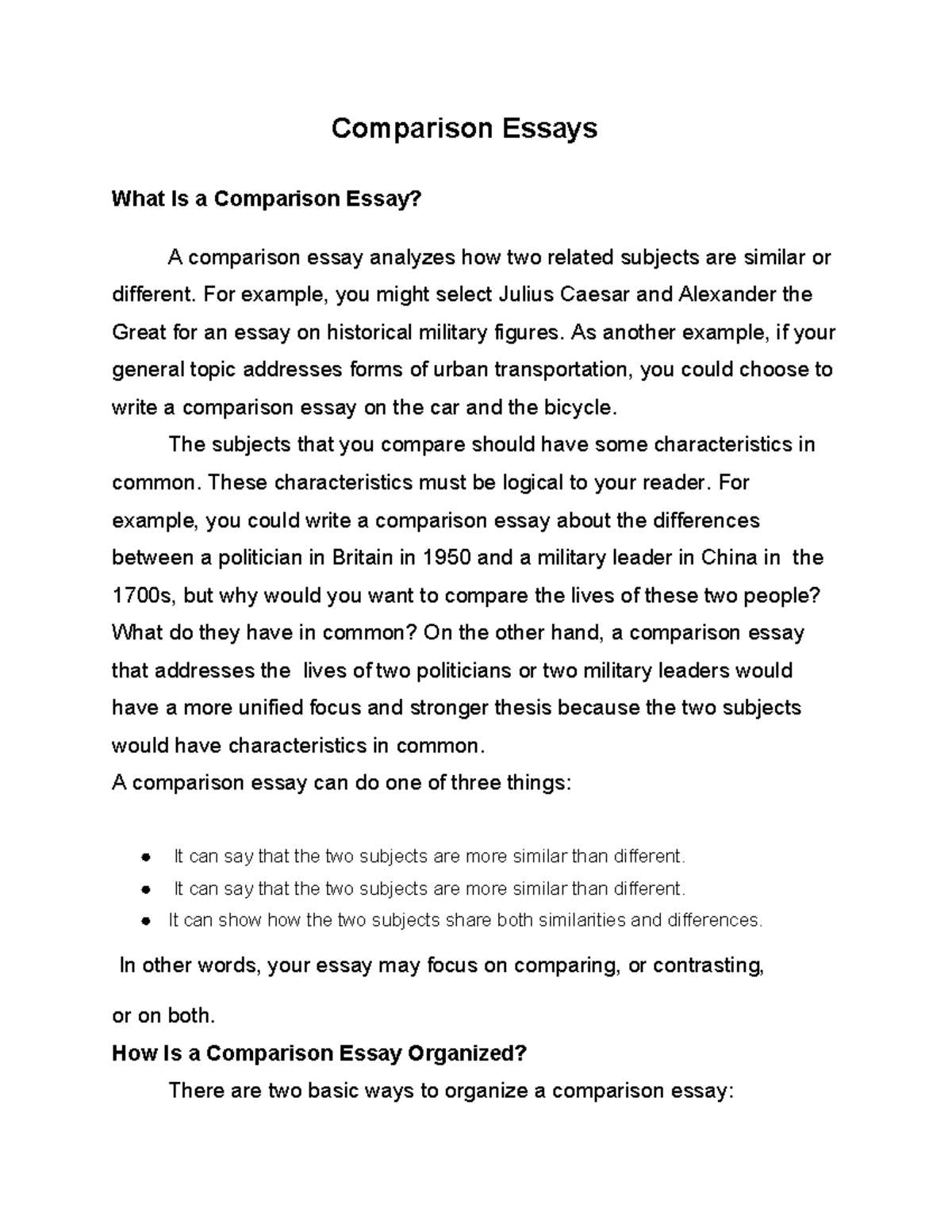 Comparison Essays - Comparison Essays What Is a Comparison Essay? A ...