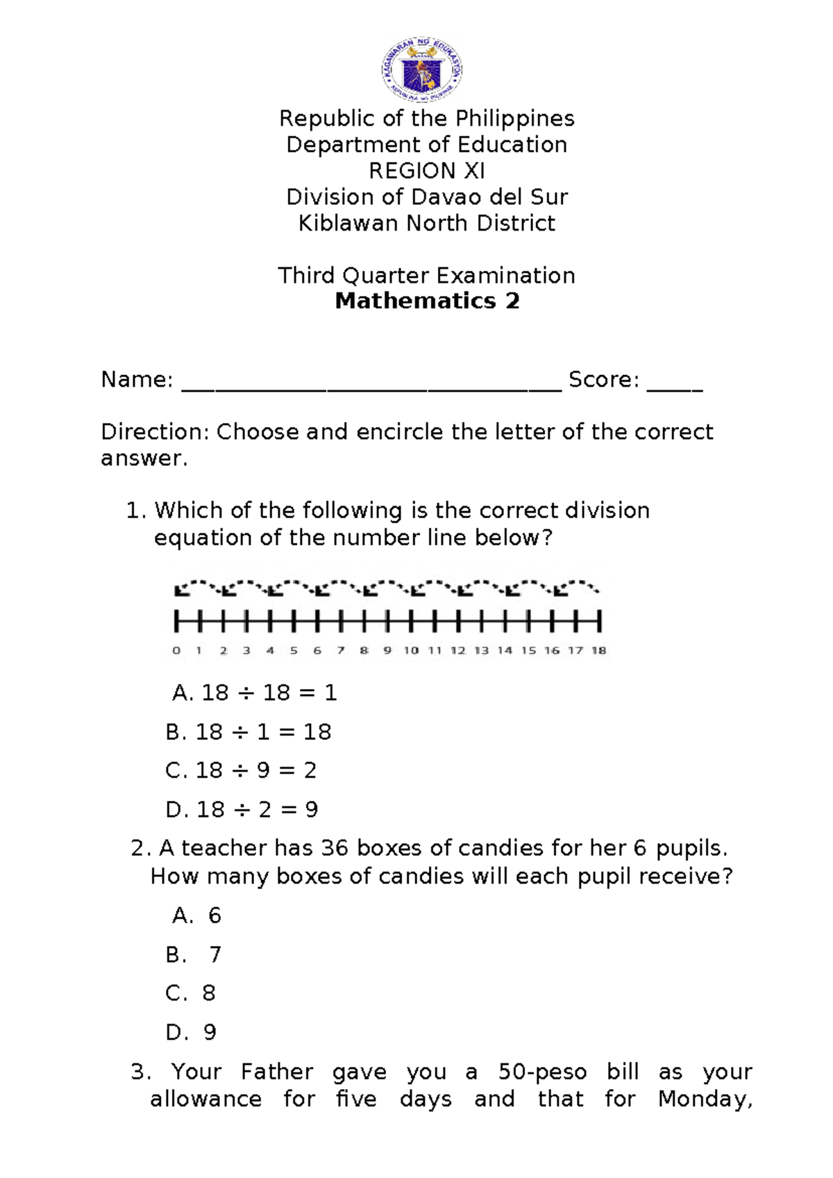 Q3 MATH 2 TEST Paper - Republic of the Philippines Department of ...
