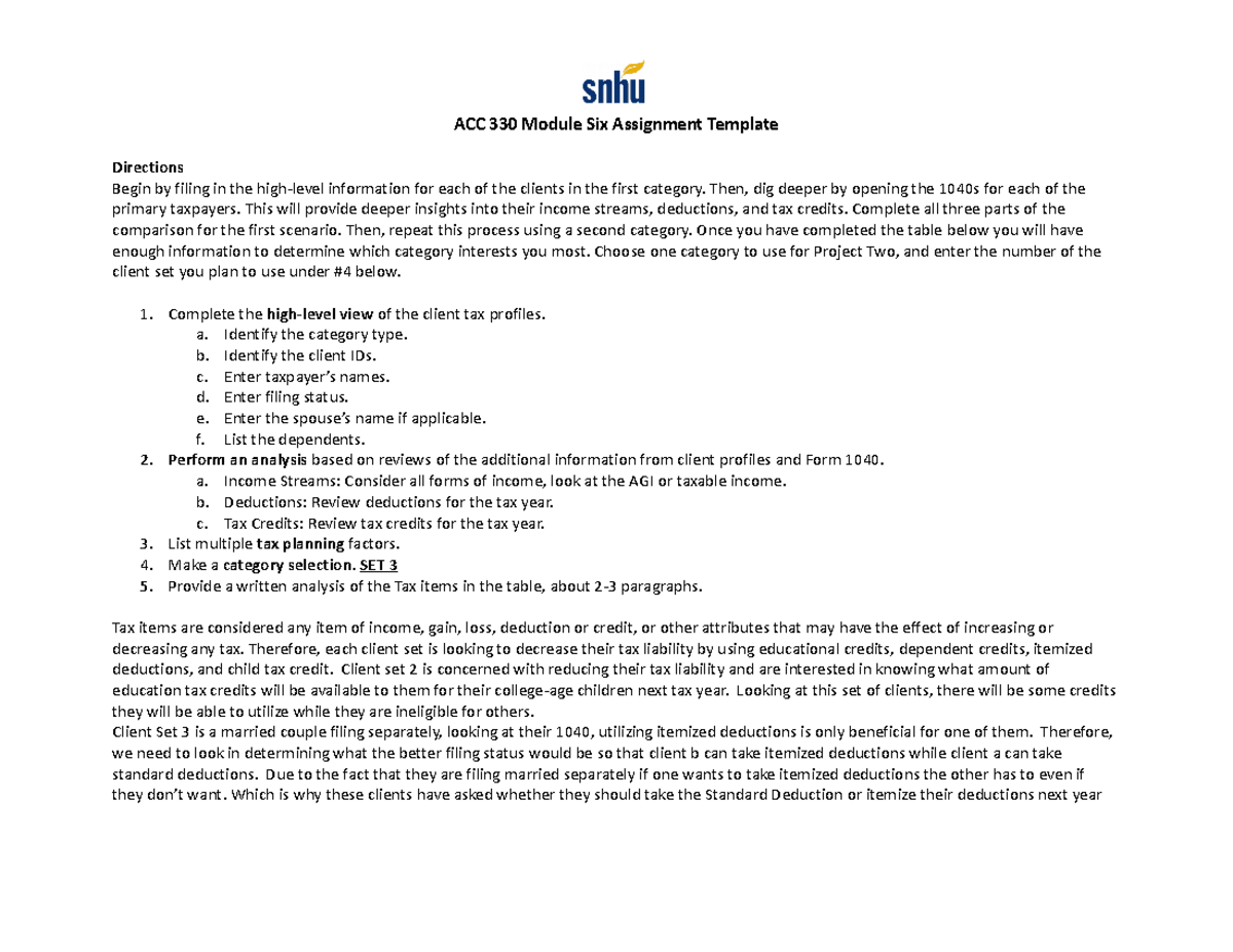 ACC 330 Module Six Assignment - Then, dig deeper by opening the 1040s ...