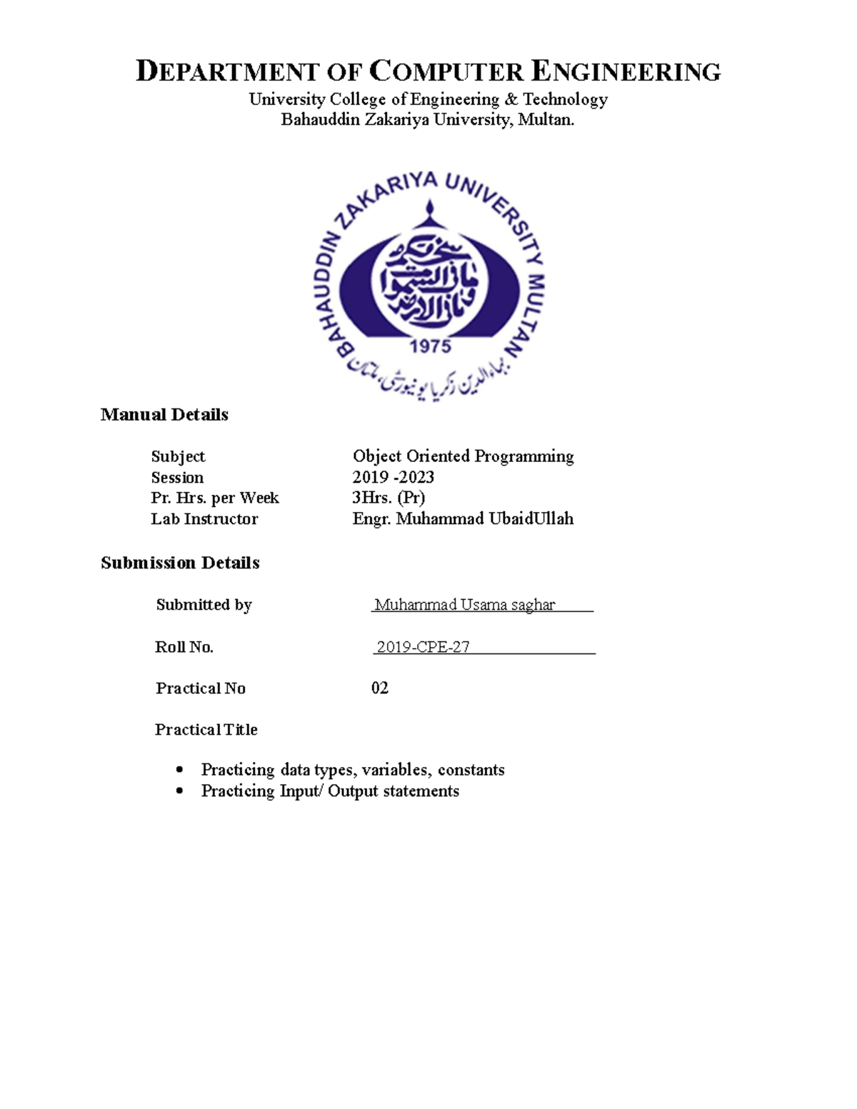 OOP LAB Manual 2 2019-CPE-27 Muhammad Usama Saghar - DEPARTMENT OF ...