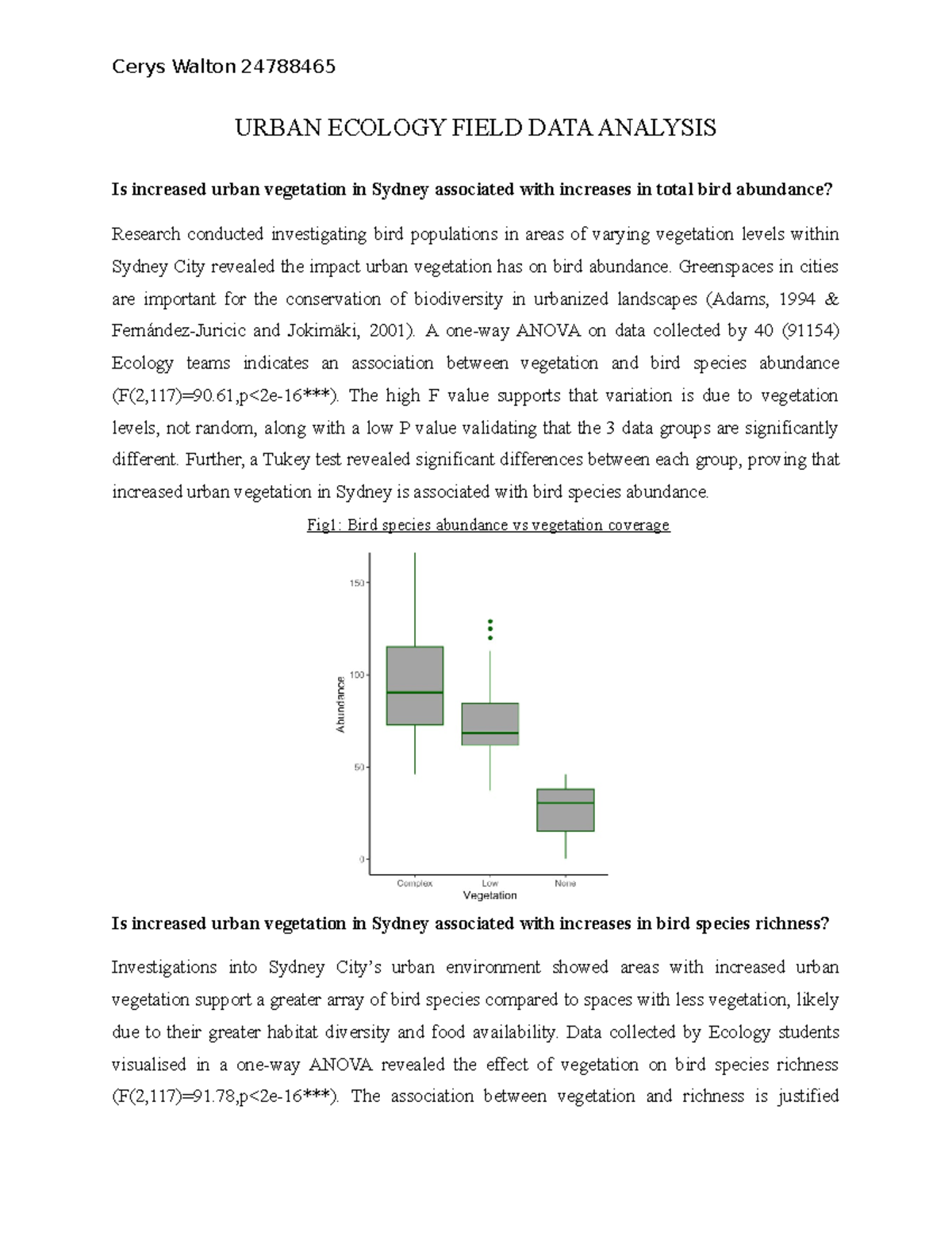 Urban Ecology Field DATA Analysis - URBAN ECOLOGY FIELD DATA ANALYSIS ...