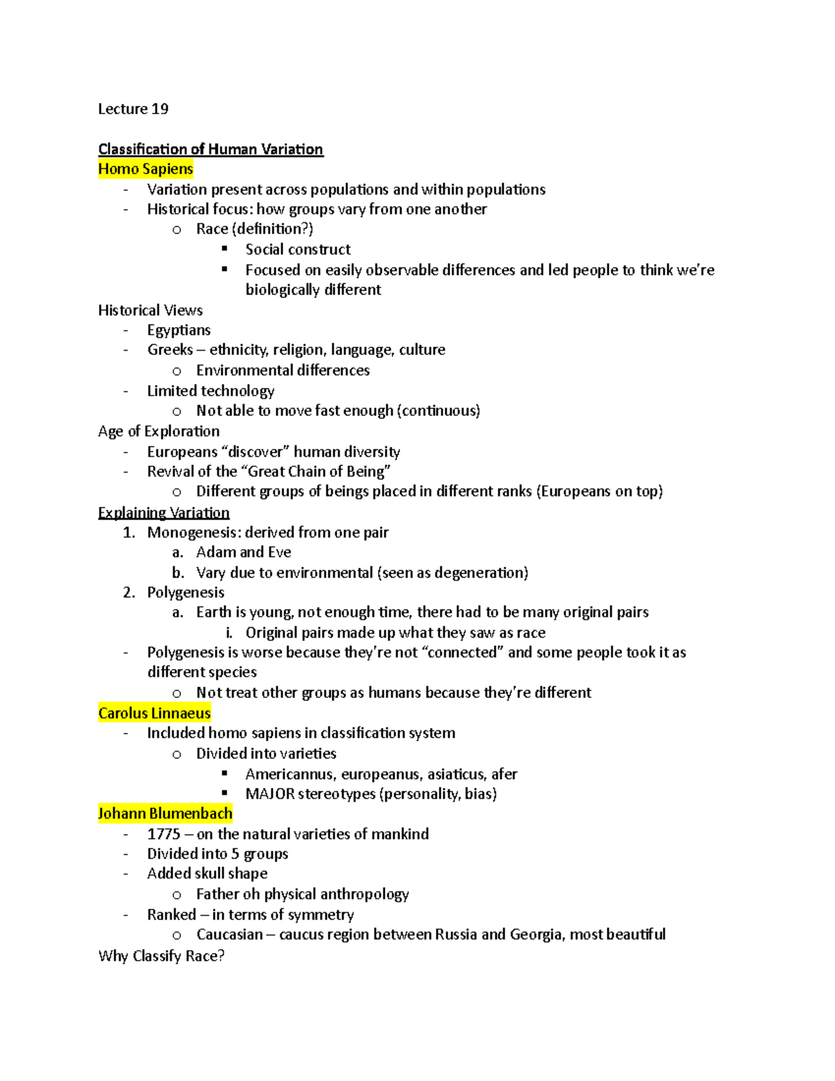 Lecture 19 Class Notes - Lecture 19 Classification of Human Variation ...